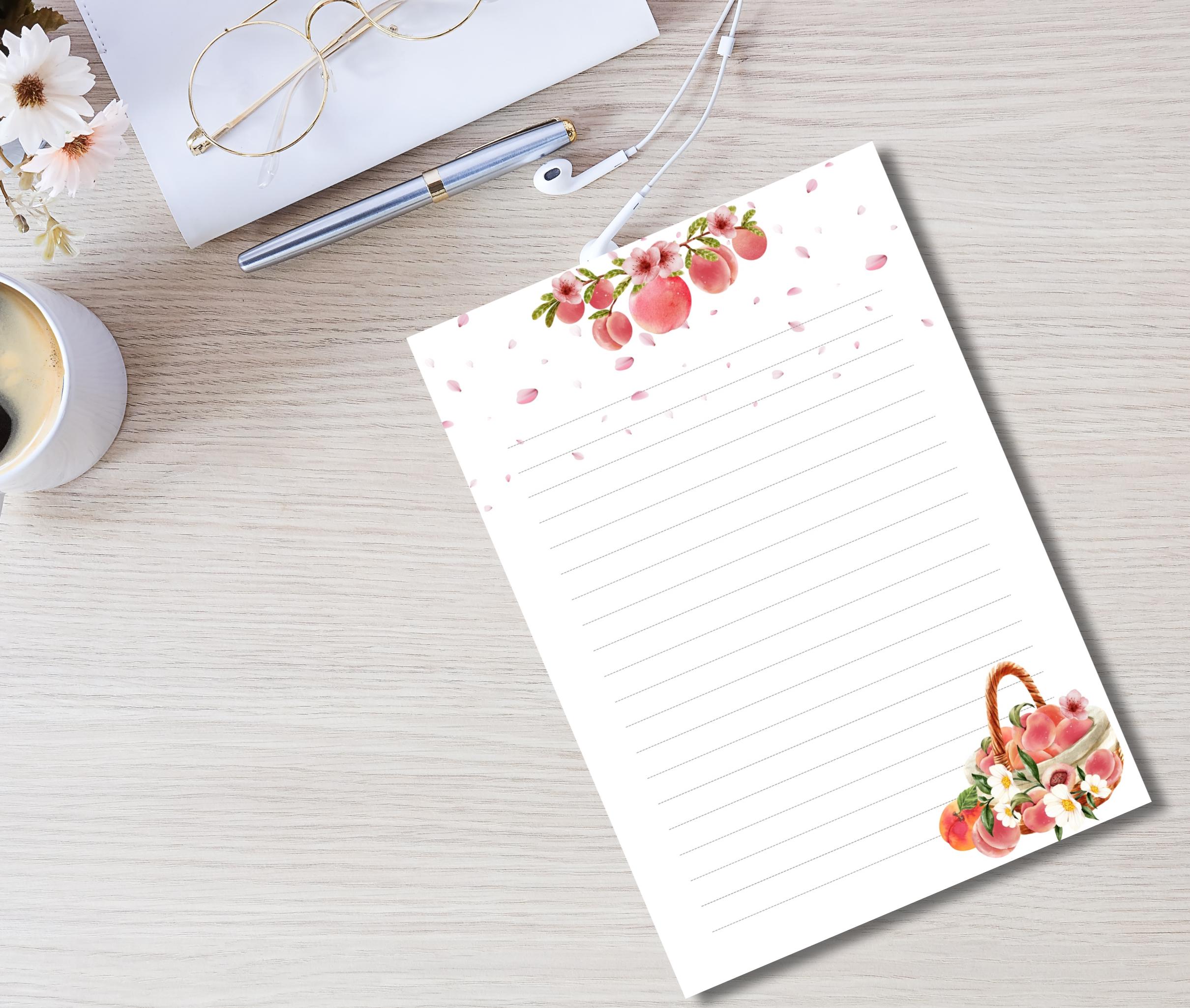 Peach Fruit Printable Stationery-fruit Writing Paper Set Unlined Lined ...