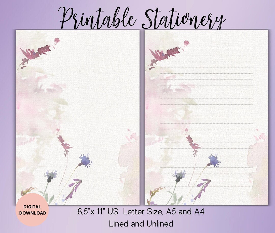 Watercolor Printable Stationary-floral Printable Writing Paper Set ...