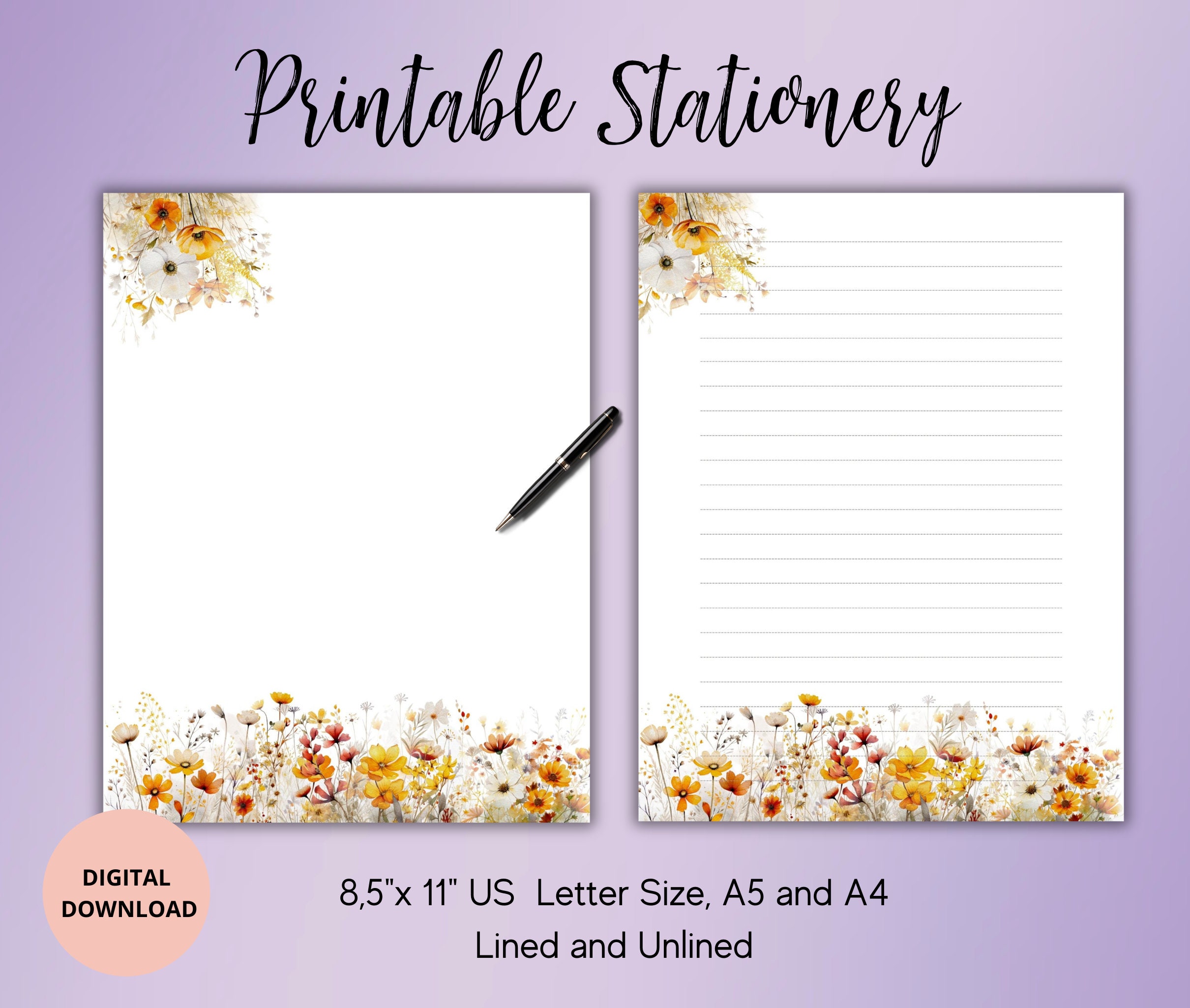 Flower Printable Stationery-watercolor Floral Stationary Digital ...