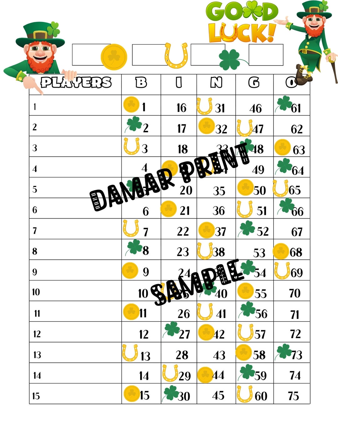 Good Luck Bingo Boards-bingo Bords Printable 1-15 Lines - Straight ...