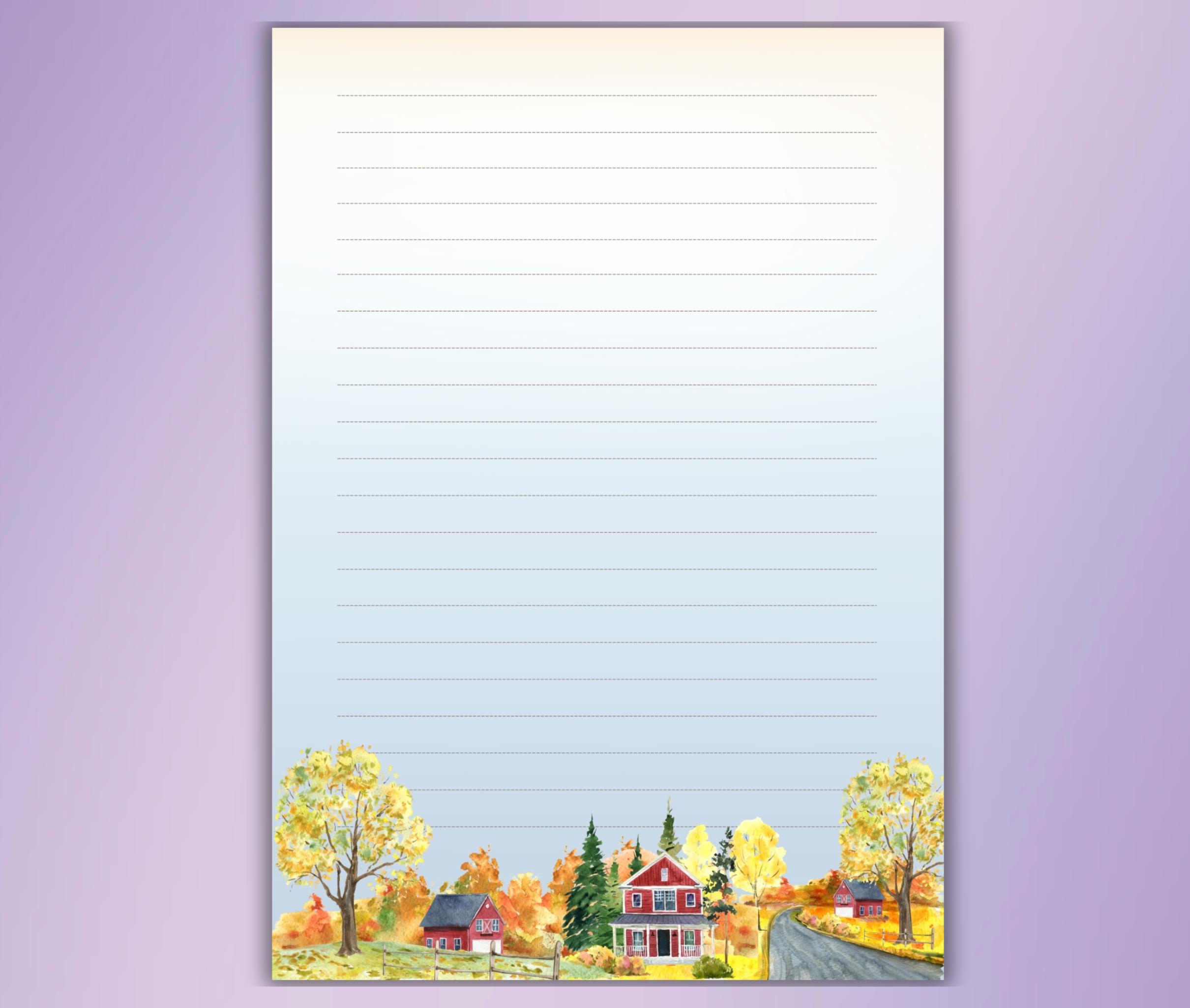 Watercolor Autumn Village Printable Stationery-autumn Landscape Writing ...