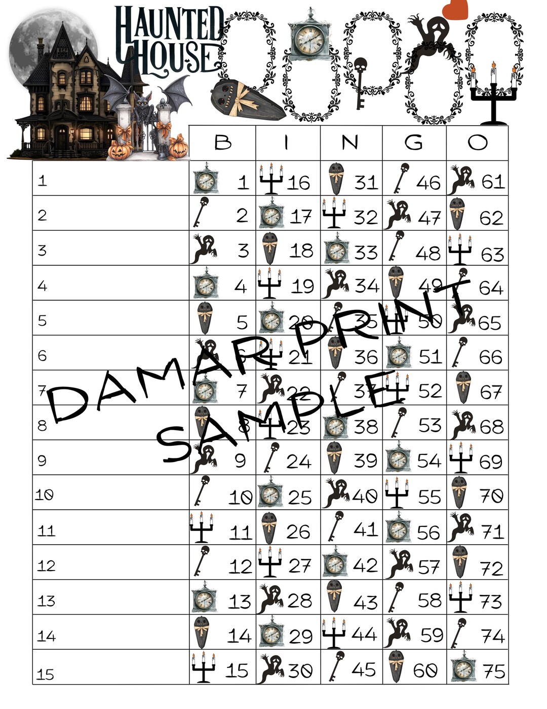 Haunted House Bingo Boards - Instant Download -15 Lines -halloween ...