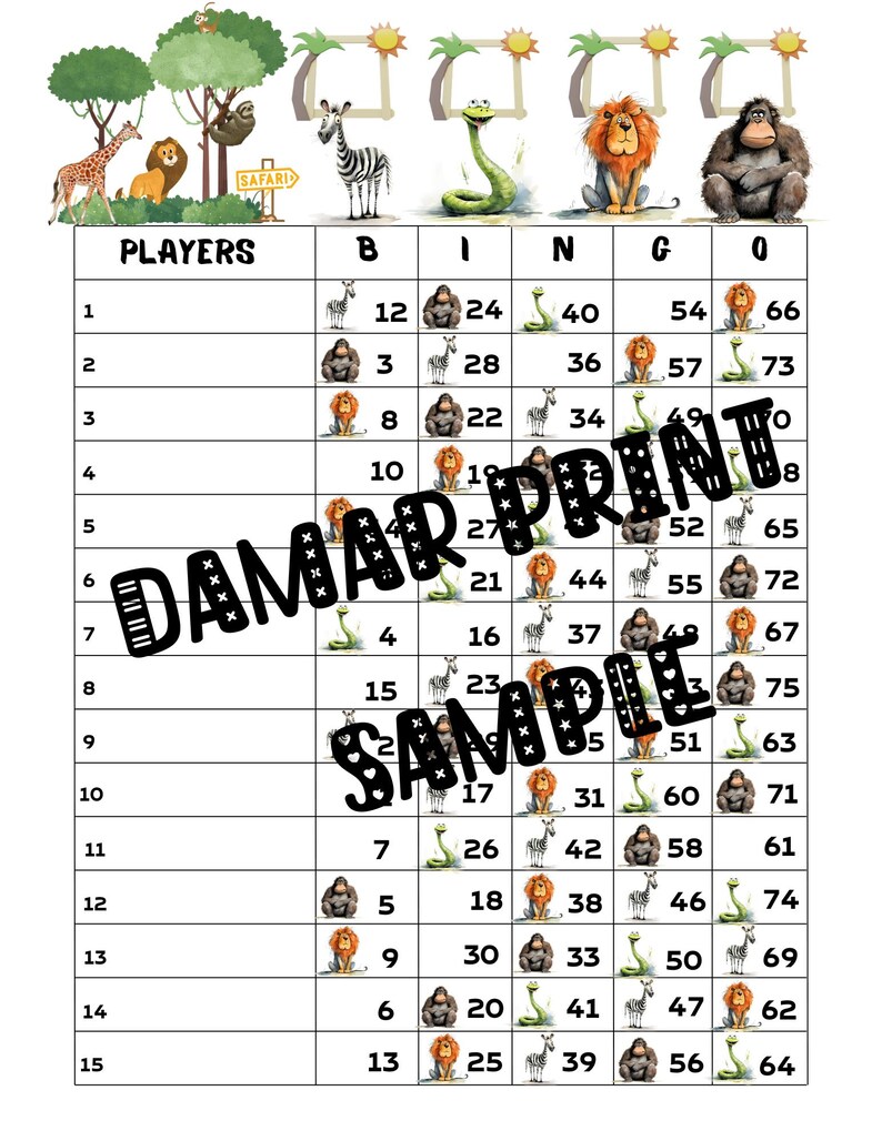 Safari Animal Bingo Boards- Printable-bingo Boards 1-15 Lines -school ...