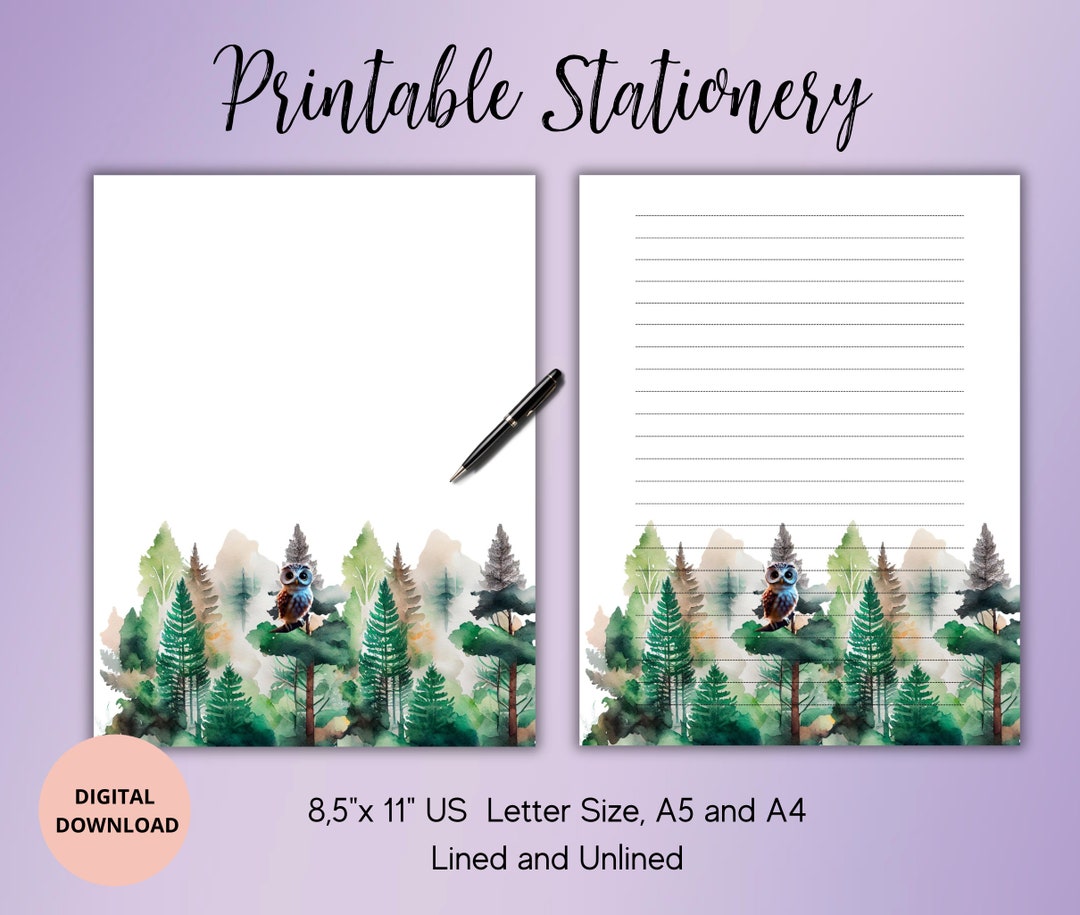 Forest Printable Stationary-trees Writing Paper,watercolor Digital ...