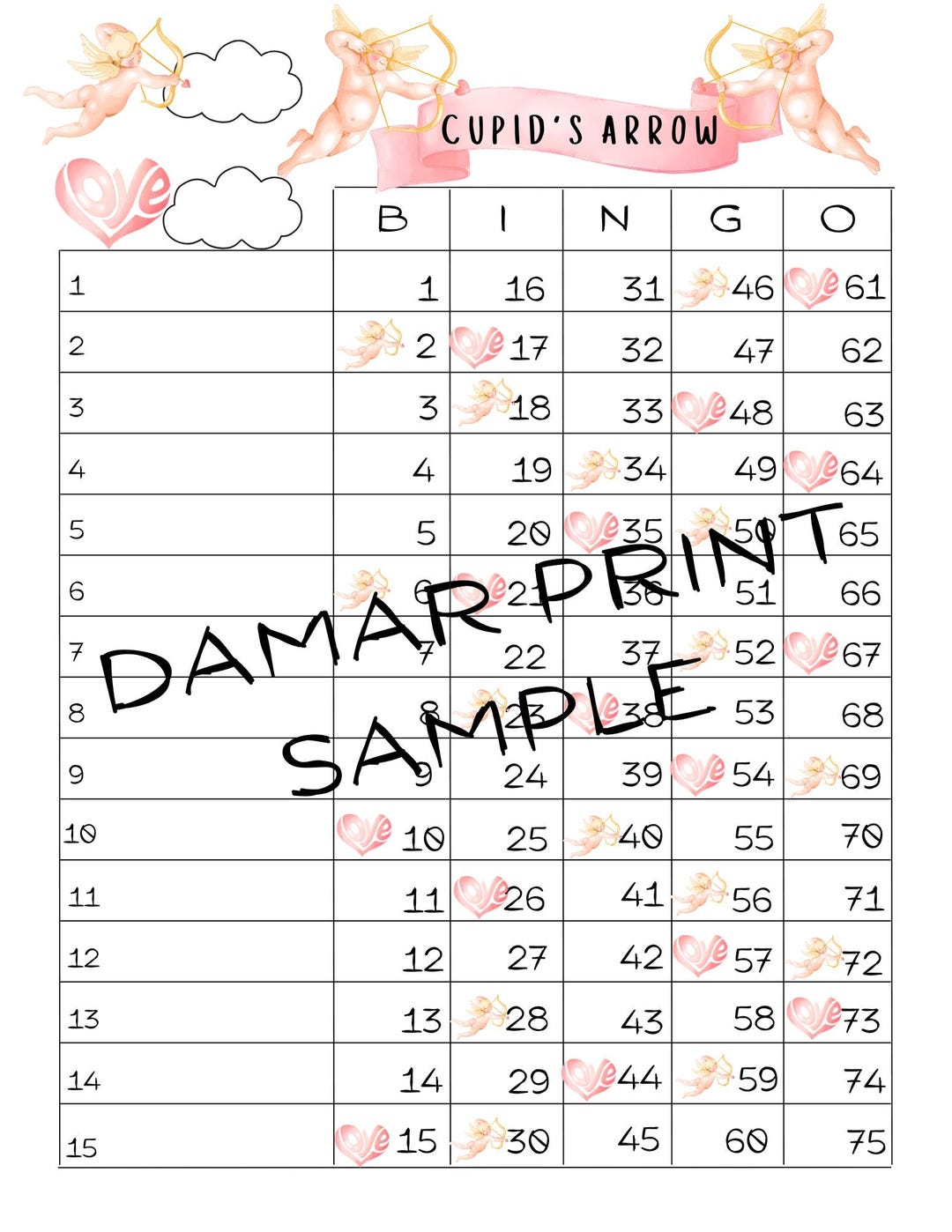 Cupid's Arrow Bingo Boards - Instant Download -valentine's Day Love ...