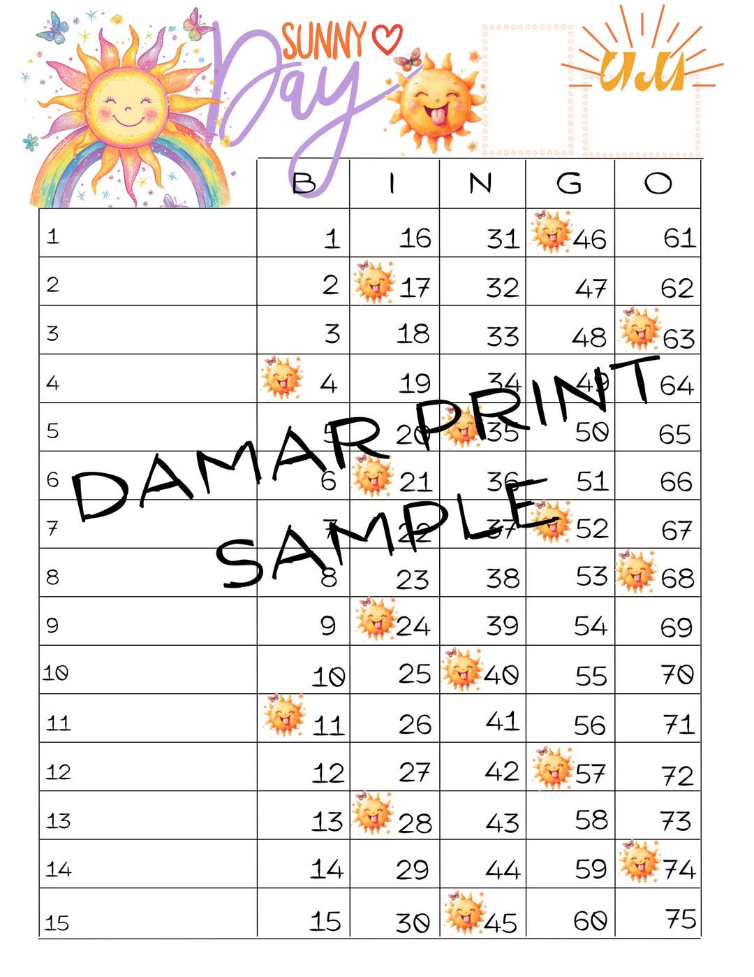 Sunny Day Printable Bingo Boards-instant Download -sun Bingo Boards ...