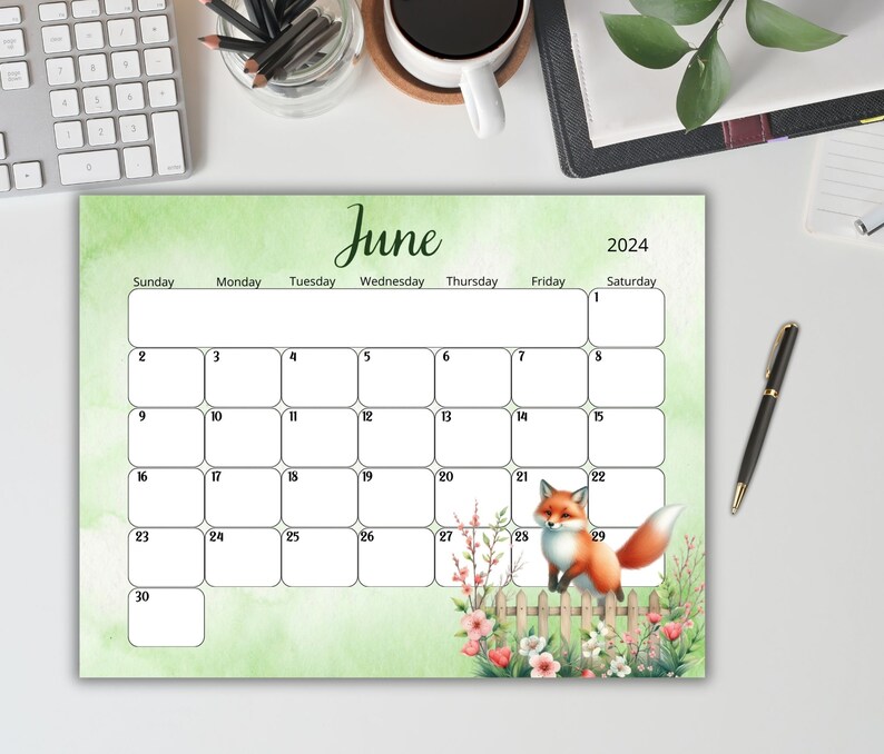 June 2024 Editable Calendar-printable Summer Monthly Planner-fox Kids ...