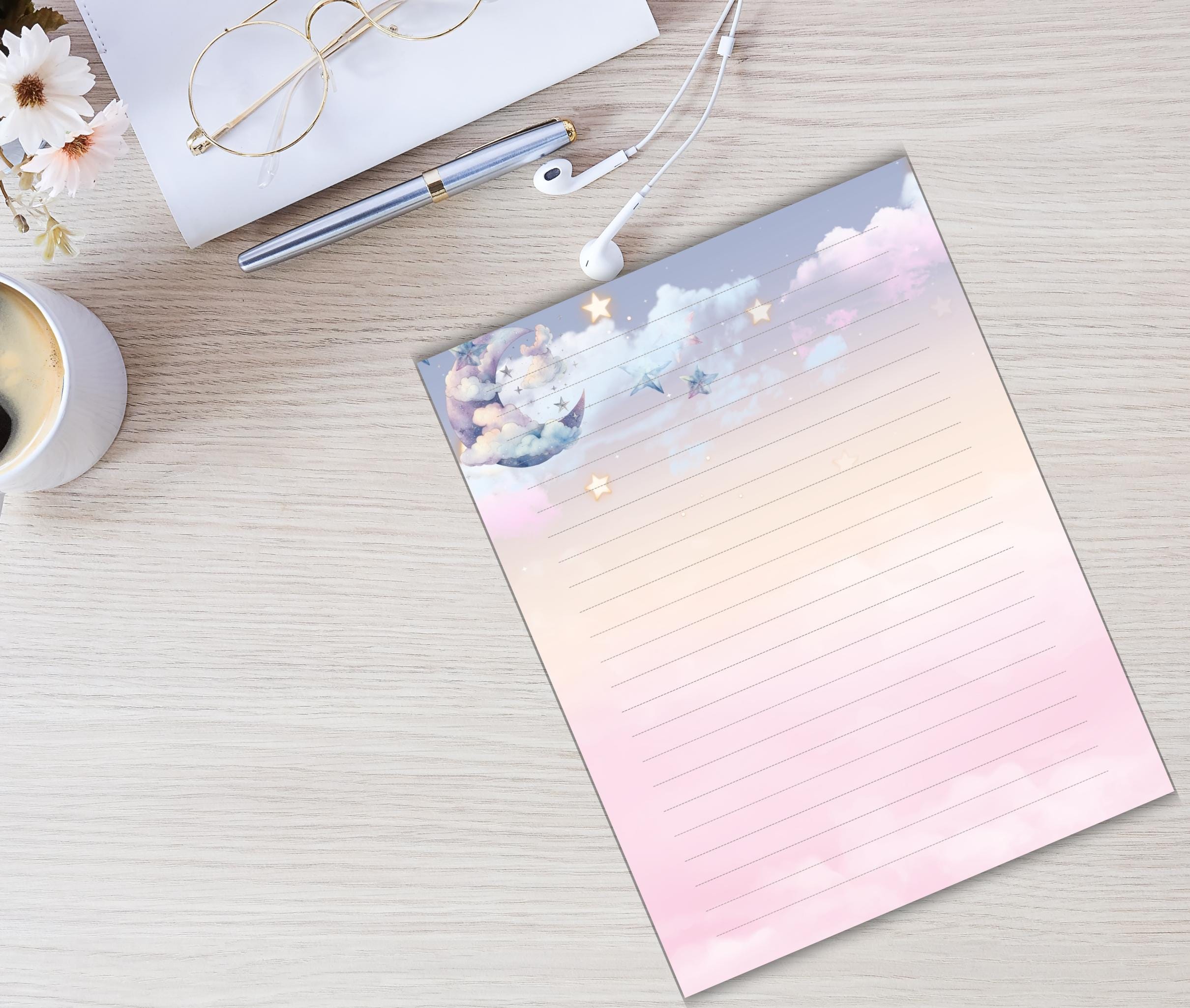 Moon and Stars Printable Stationery-writing Paper Set Unlined Lined A5 ...