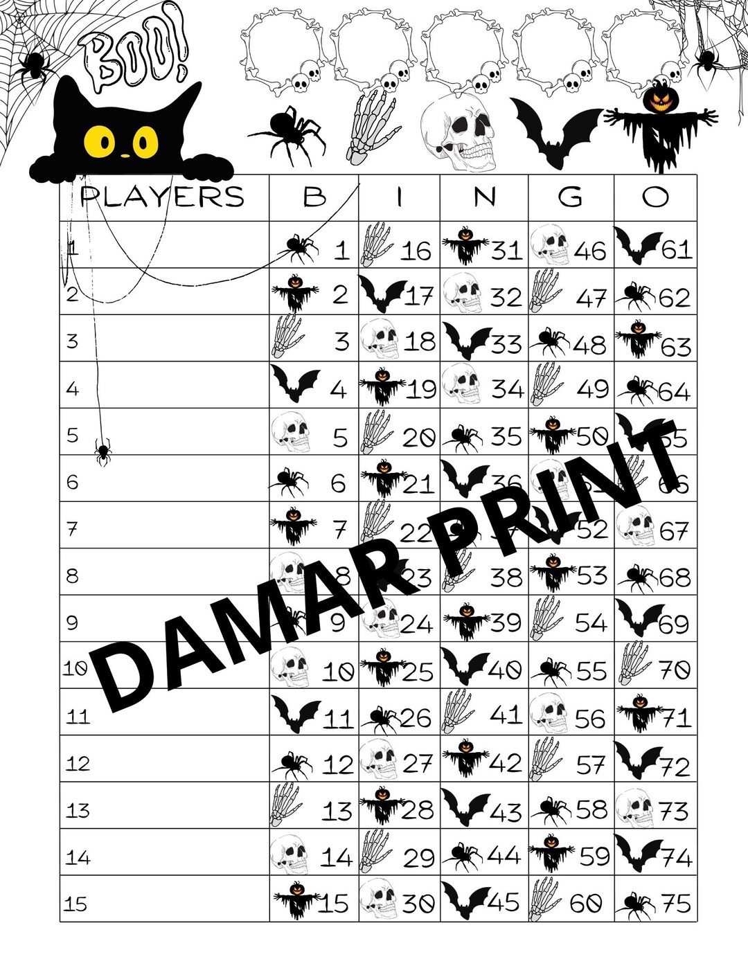 Halloween Bingo Boards Printable- BOO Bingo Boards 1-15 Lines -straight ...