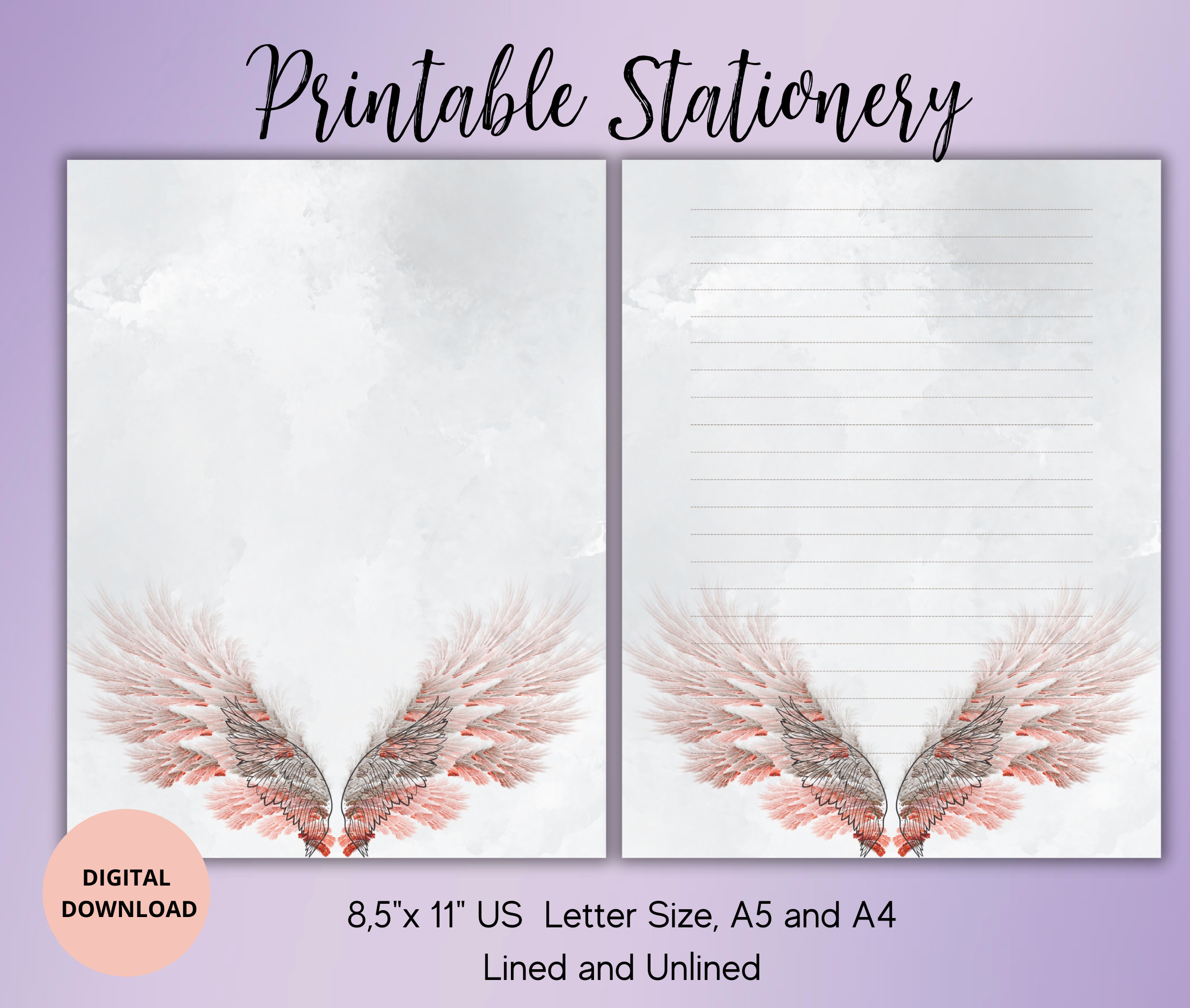 Angel Wings Printable Stationery-watercolor Wings Writing Paper Set ...