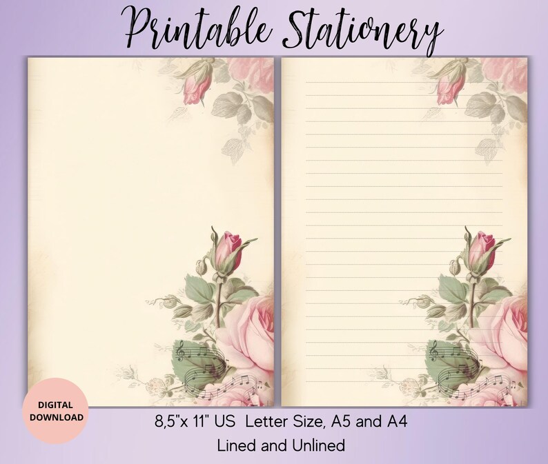 Vintage Paper With Roses Printable Stationery Set-flower Writing Paper ...
