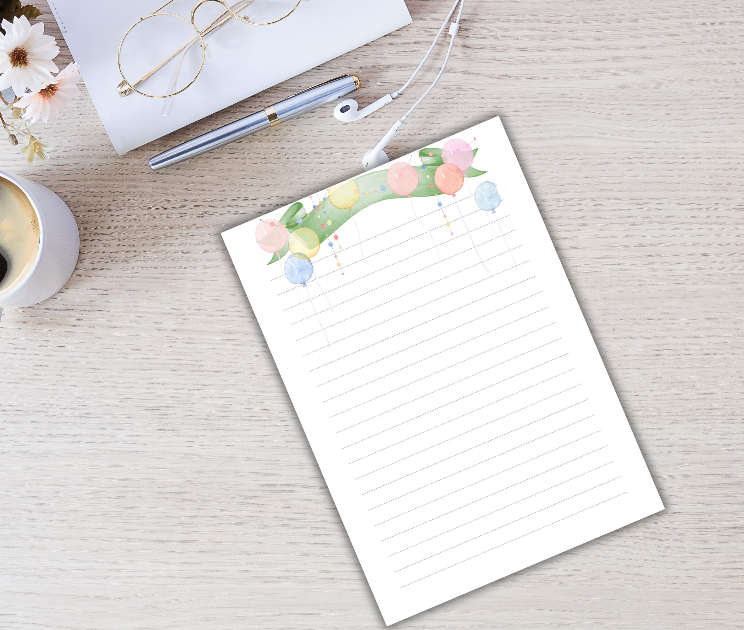 Watercolor Balloons Printable Stationery-birthday Stationery Set ...