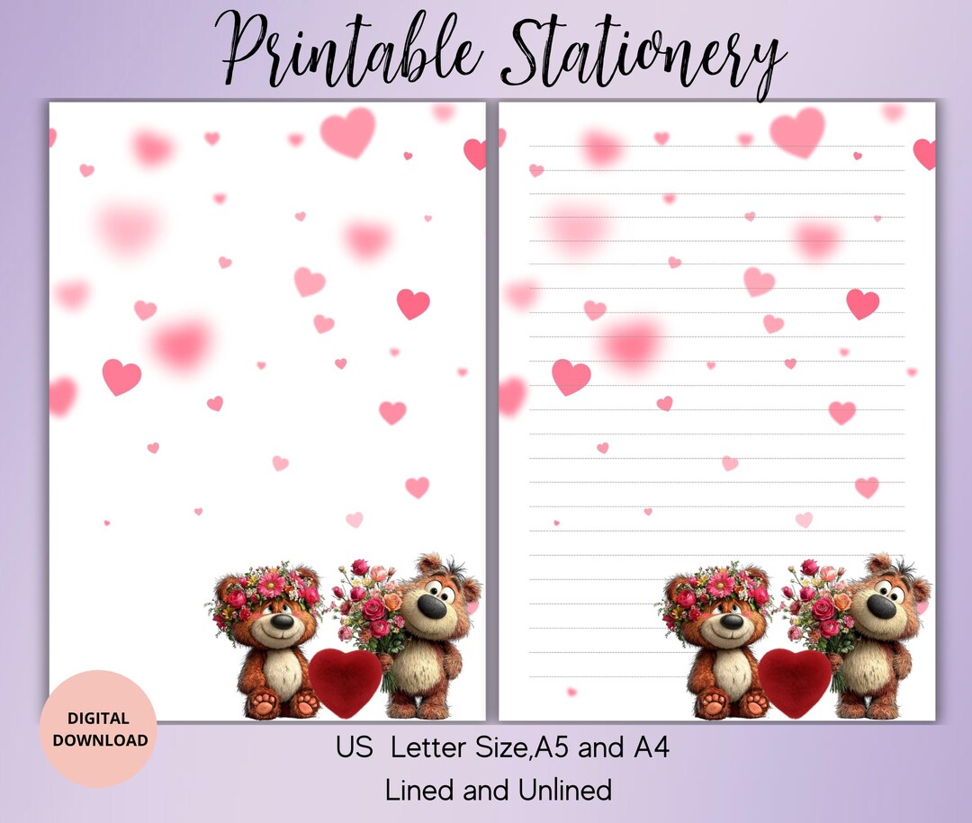 Bears With Hearts Printable Stationery-teddy Bear Writing Paper Unlined ...