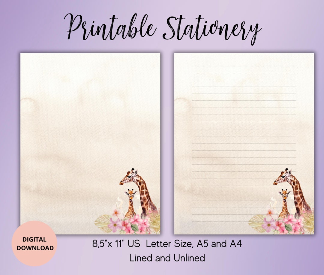 Giraffe With Flower Printable Stationery,digital Download,animal Floral ...