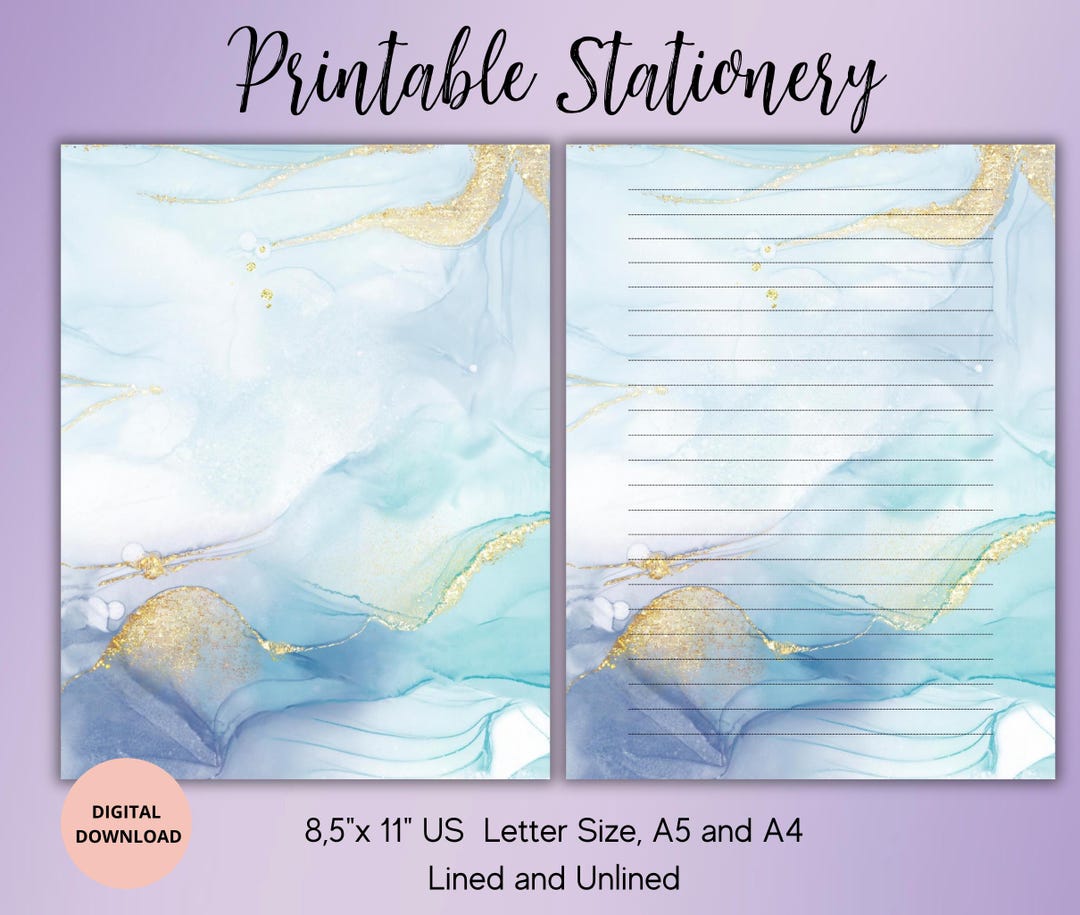 Blue Watercolor Printable Stationery-watercolor Writing Paper Set Lined ...