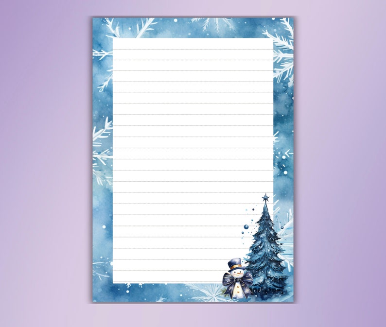 Blue Winter Printable Stationery-christmas Tree Snowman Writing Paper ...