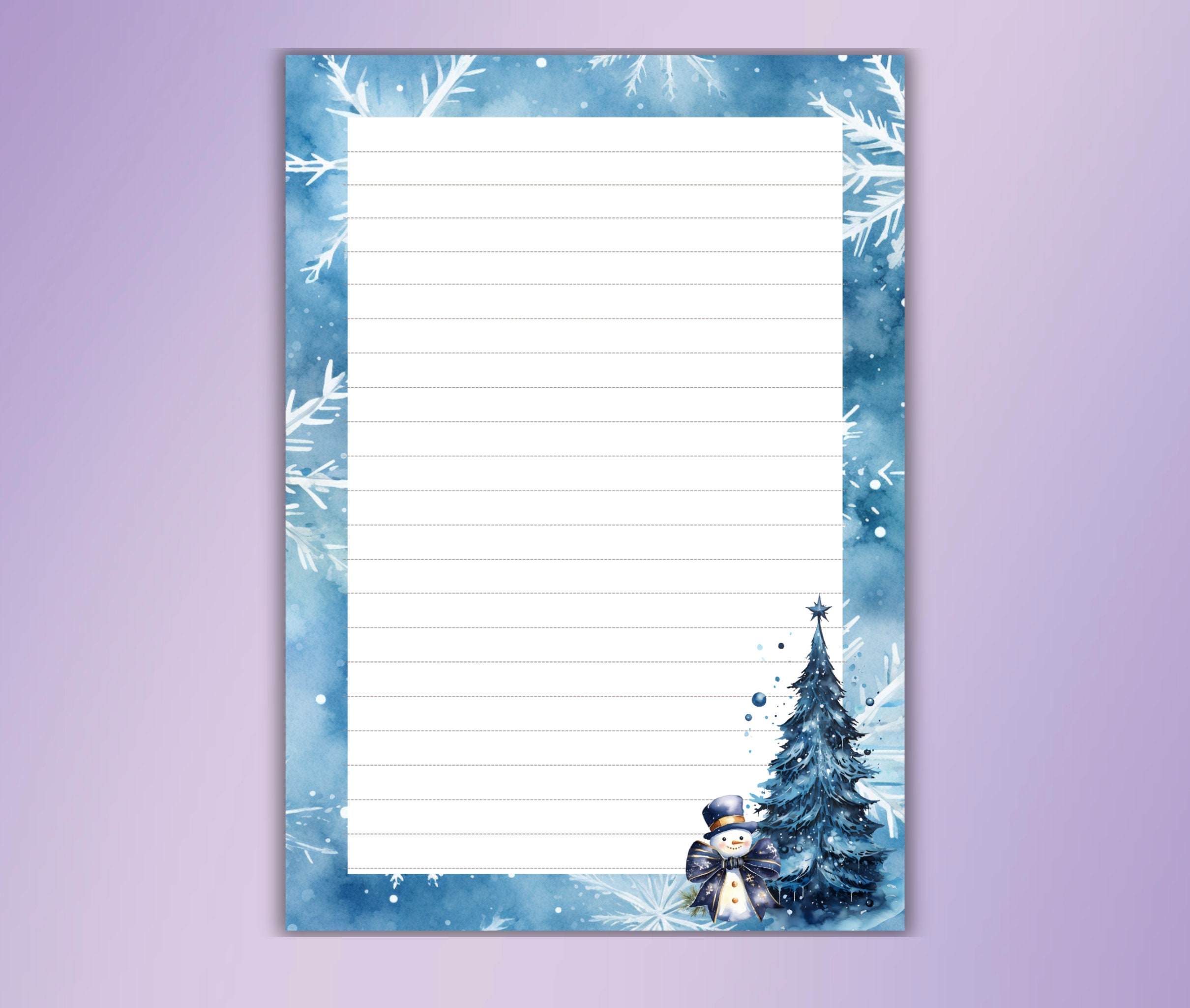 Blue Winter Printable Stationery-christmas Tree Snowman Writing Paper ...