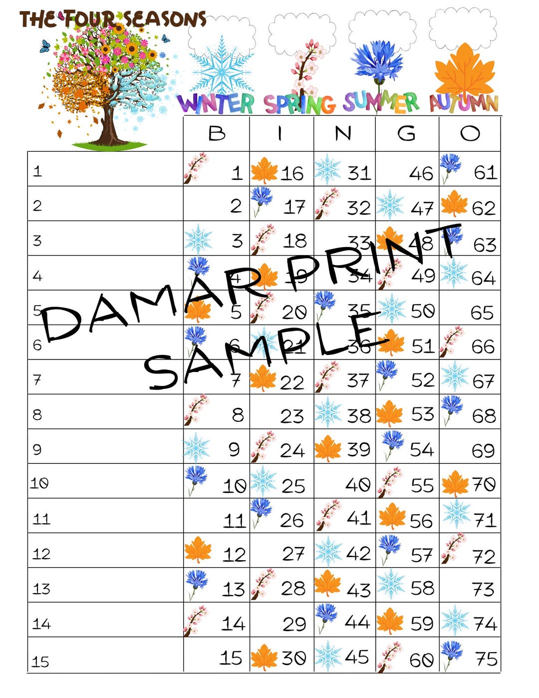 The Four Seasons Printable Bingo Boards-instant Download -winter Spring ...