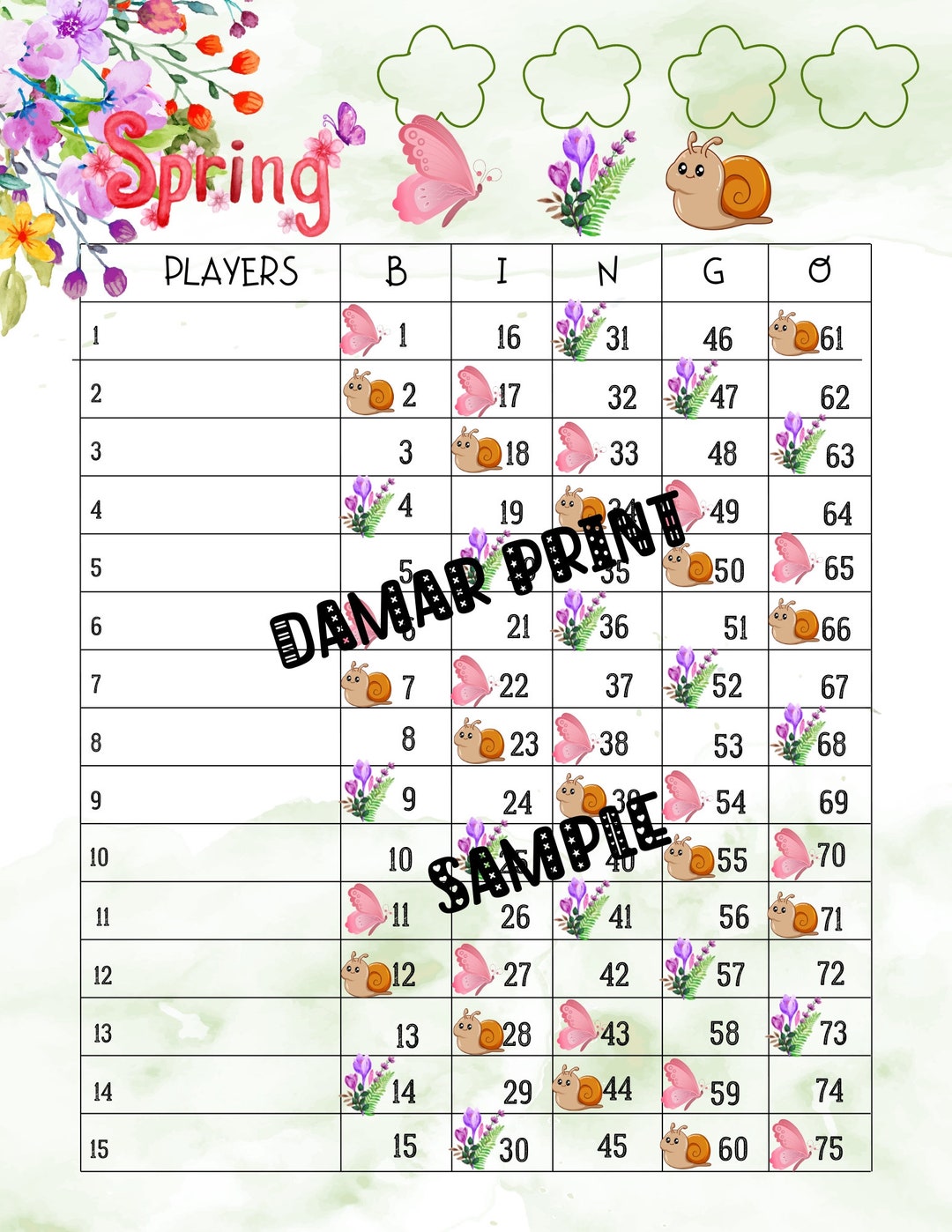 Spring Bingo Boards 75 Ball-1-15 Line Bingo Board 1-75 Balls Straight ...