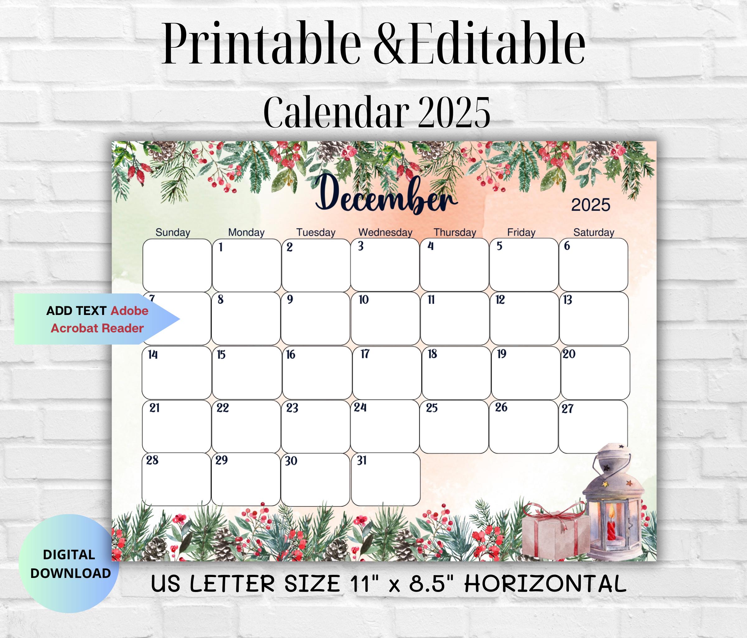 Editable Printable December 2025 Calendar-winter Flower Monthly Planner ...