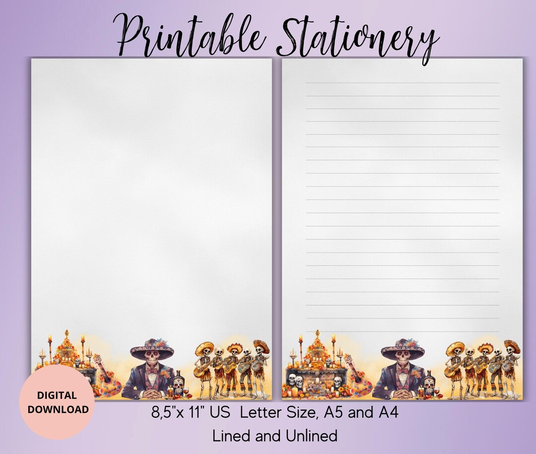 Day of the Dead Skeletons Printable Stationery-writing Paper Unlined ...