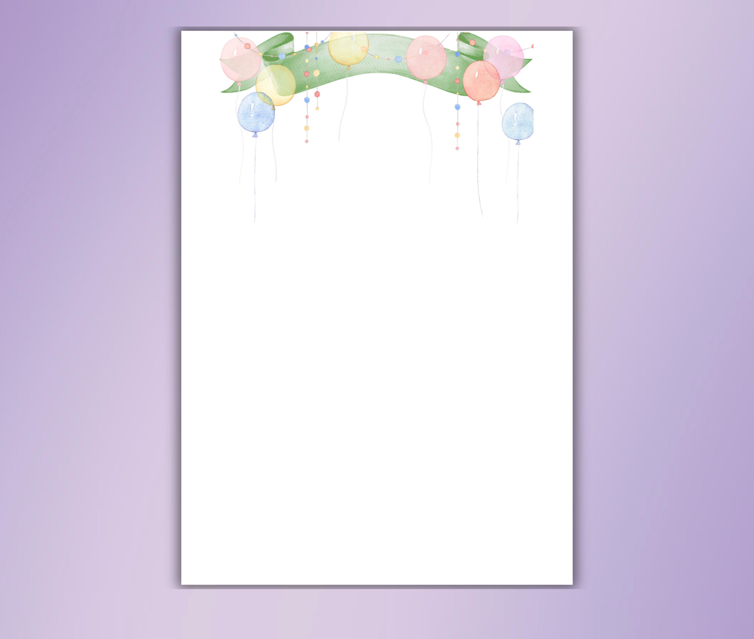 Watercolor Balloons Printable Stationery-birthday Stationery Set ...