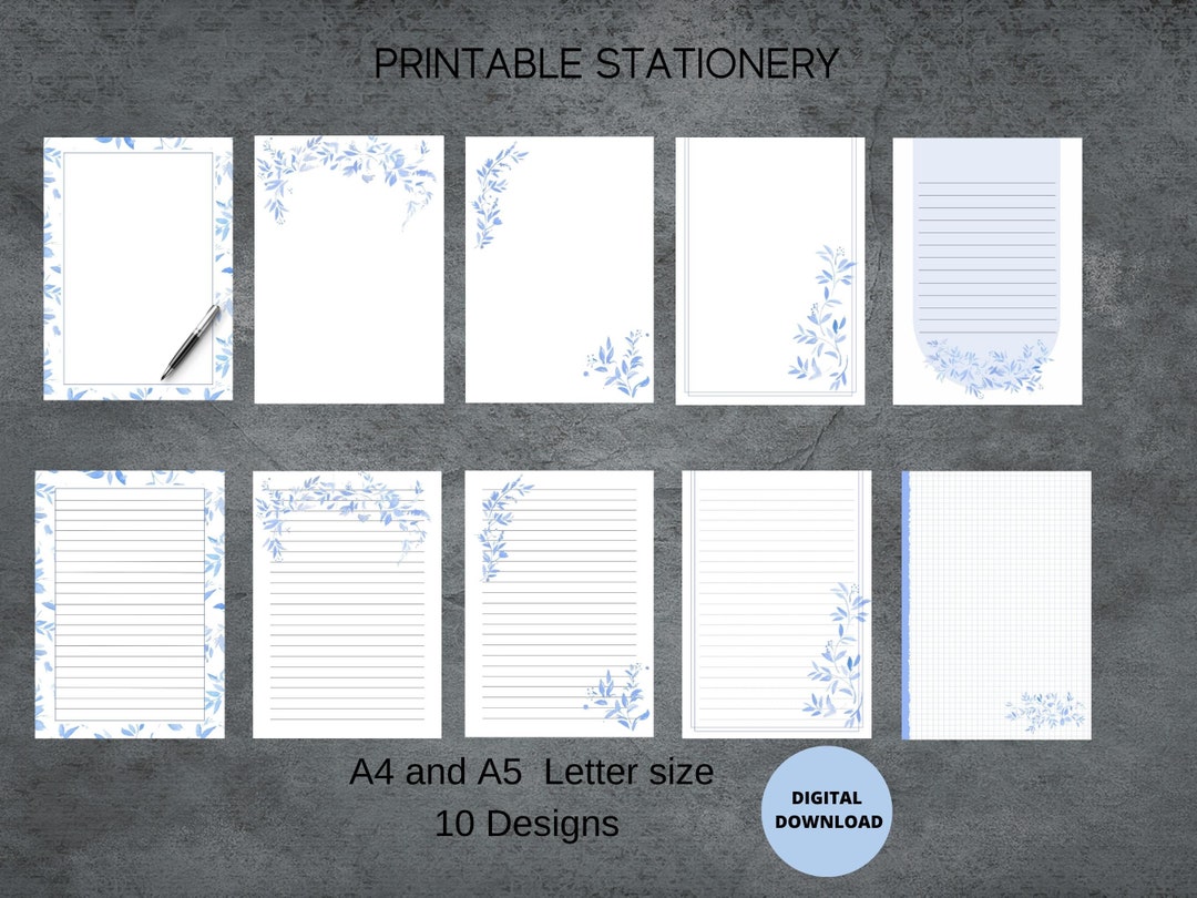 Flower Printable Writing Paper Bundle-blue Floral Stationary ...