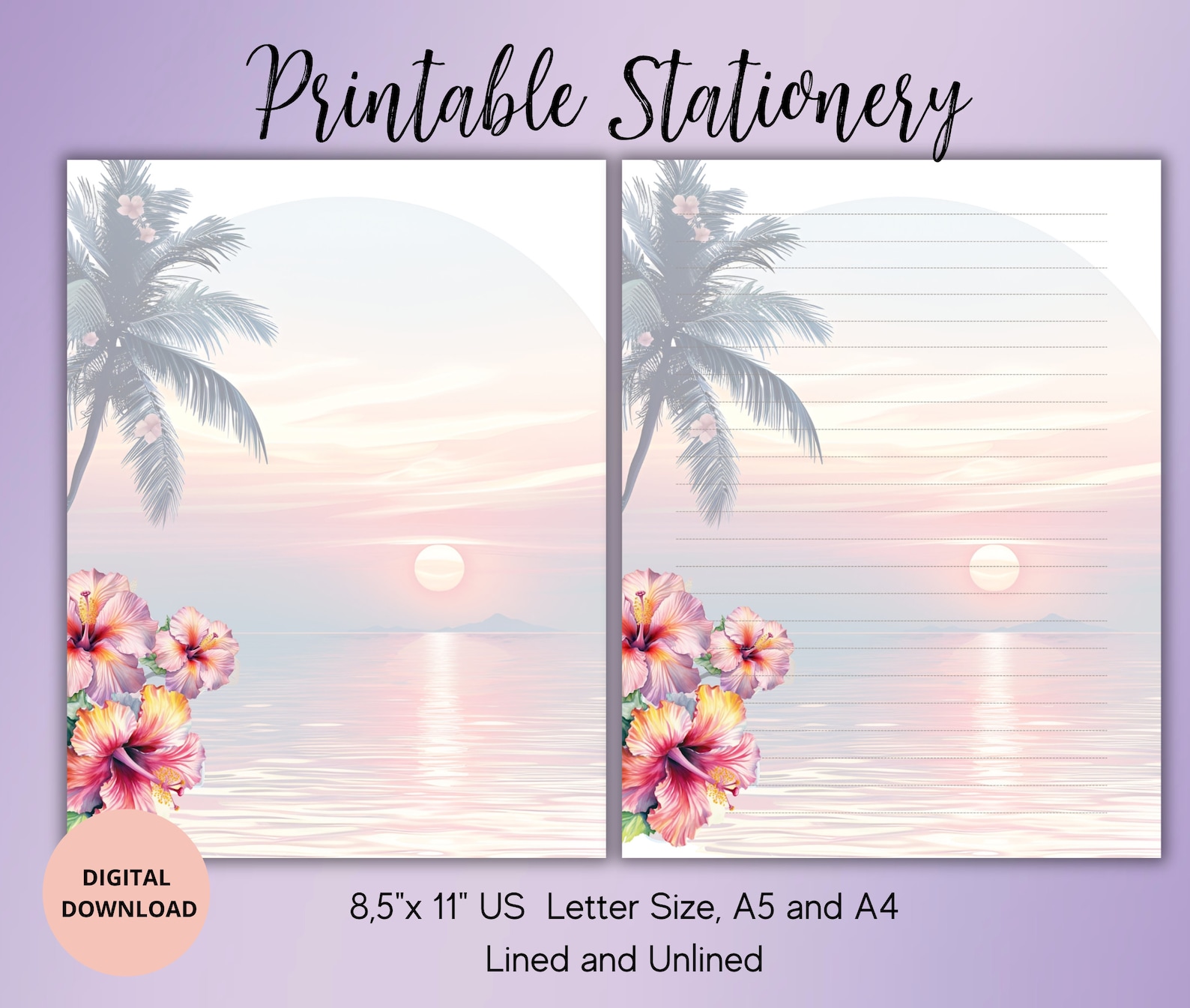 Hawaiian Flower Writing Paper Set - Printable Stationery Set Unlined ...