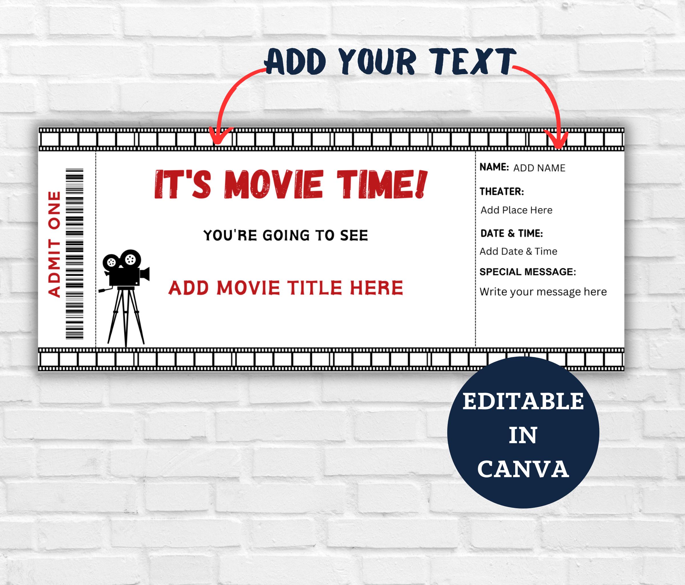 Movie Night Editable Ticket-editable Movie Voucher-custom Movie Ticket ...