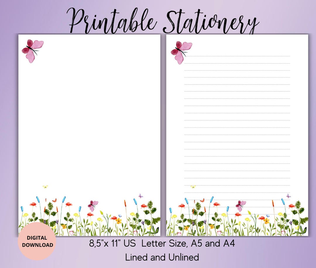 Flower With Butterfly Printable Stationery-wildflower Stationery-floral ...