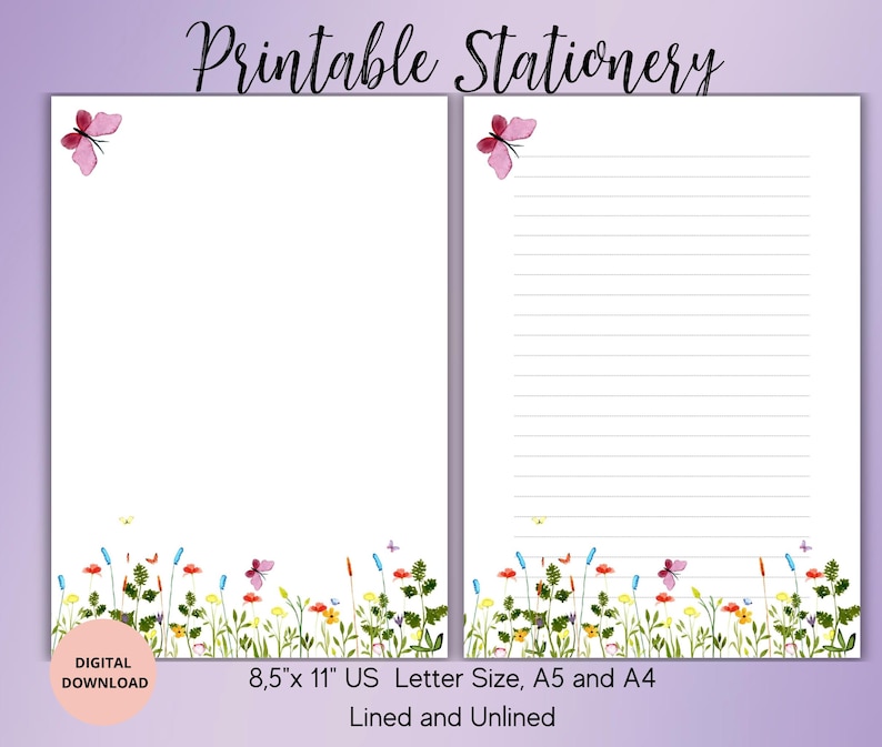 Flower With Butterfly Printable Stationery-wildflower Stationery-floral ...