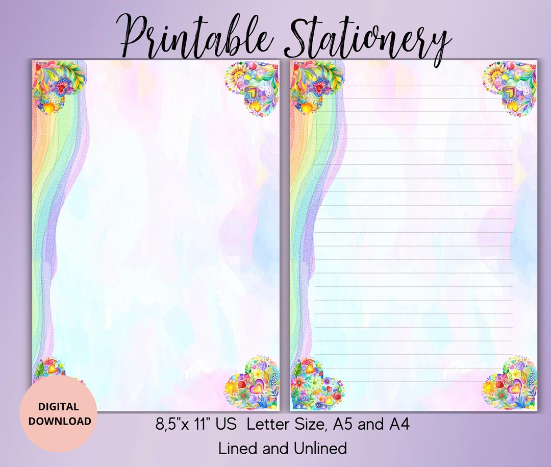 Watercolor Rainbow Hearts Printable Stationery-hearts Printable Writing ...
