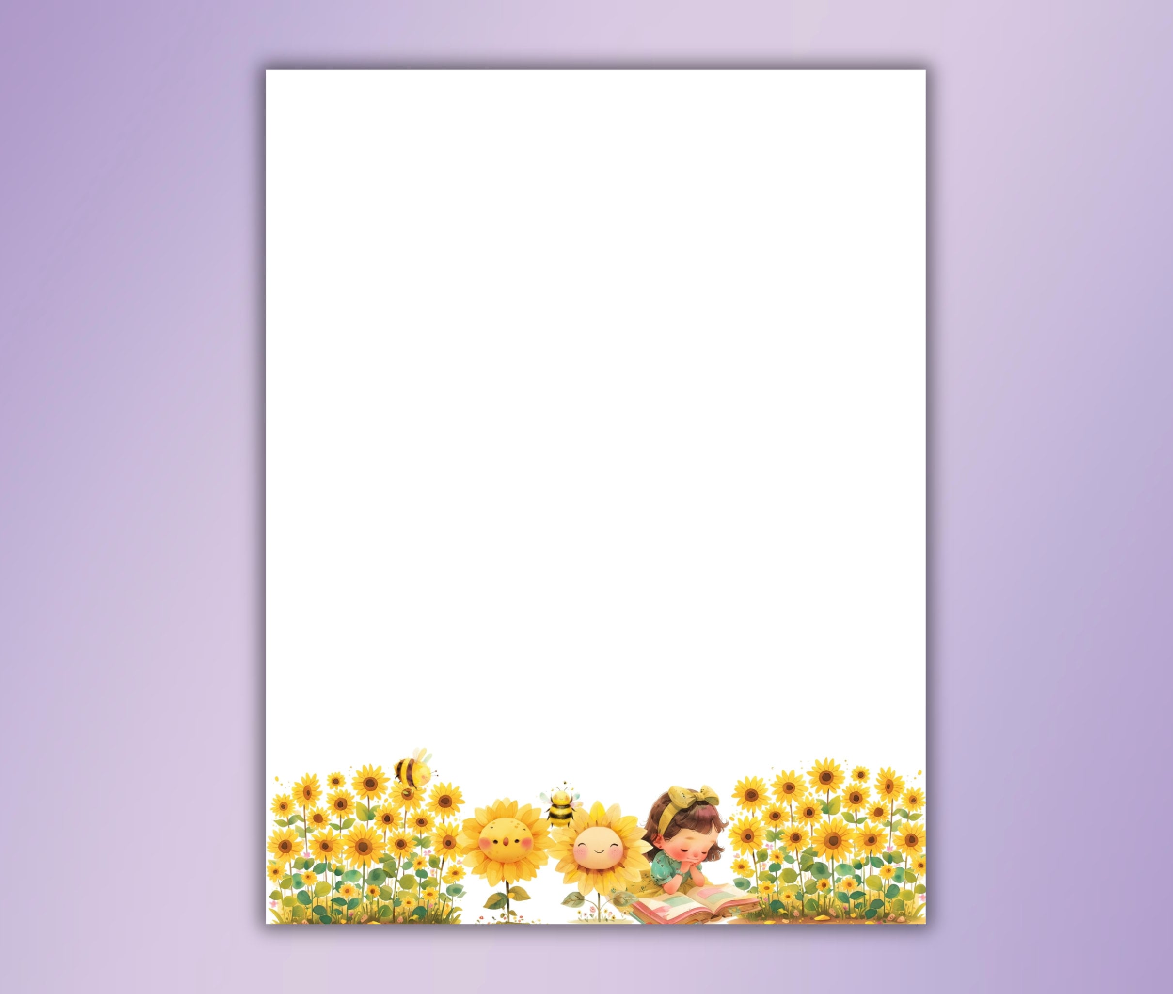 Girl With Sunflowers Printable Stationery Set A4/A5/US Letter Lined ...