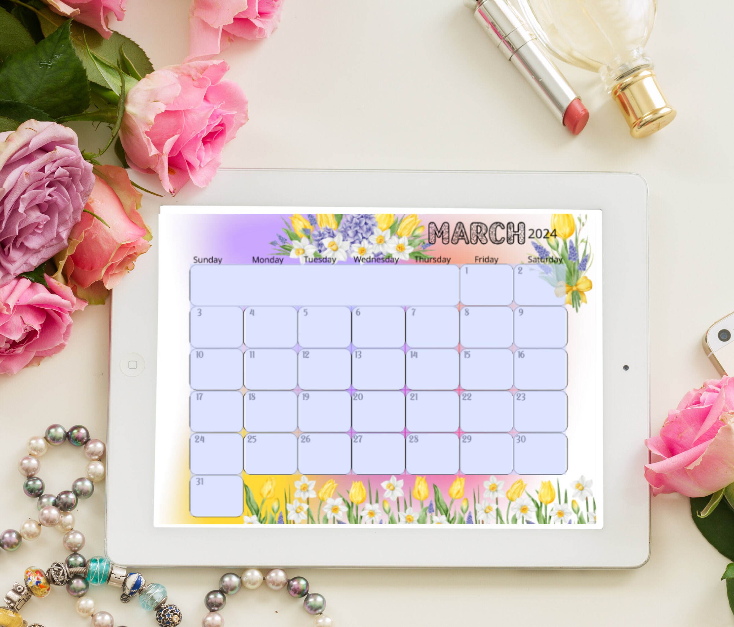March 2024 Editable Calendar-daffodils Printable Calendar-spring ...