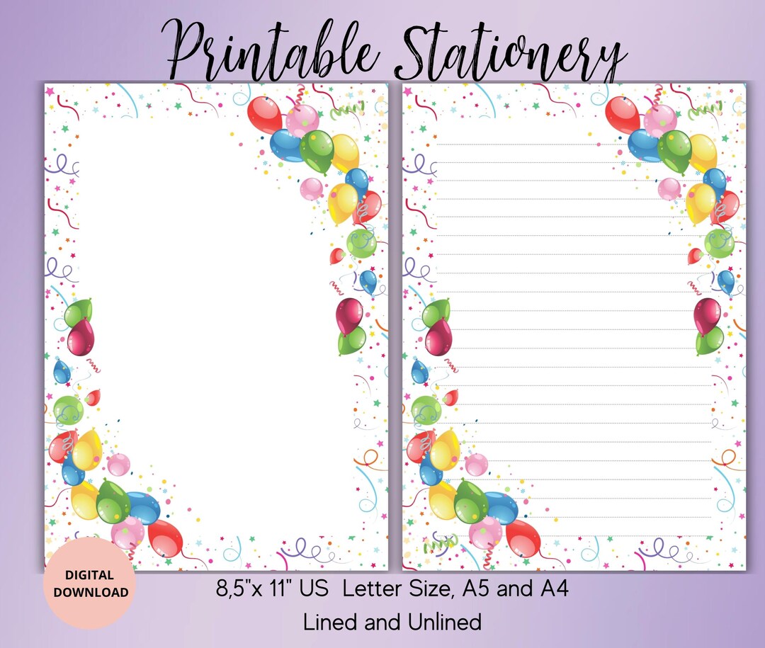 Colorful Balloons Printable Stationary-birthday Writing Paper Unlined ...