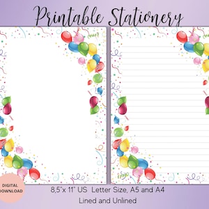 Colorful Balloons Printable Stationary-birthday Writing Paper Unlined ...