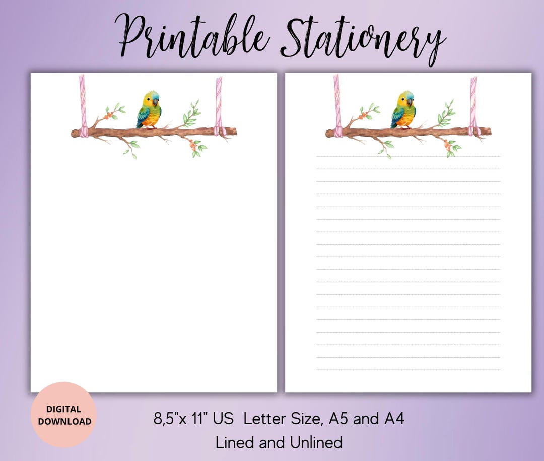 Parrot Printable Stationery-birds Stationary-watercolor Birds Writing ...