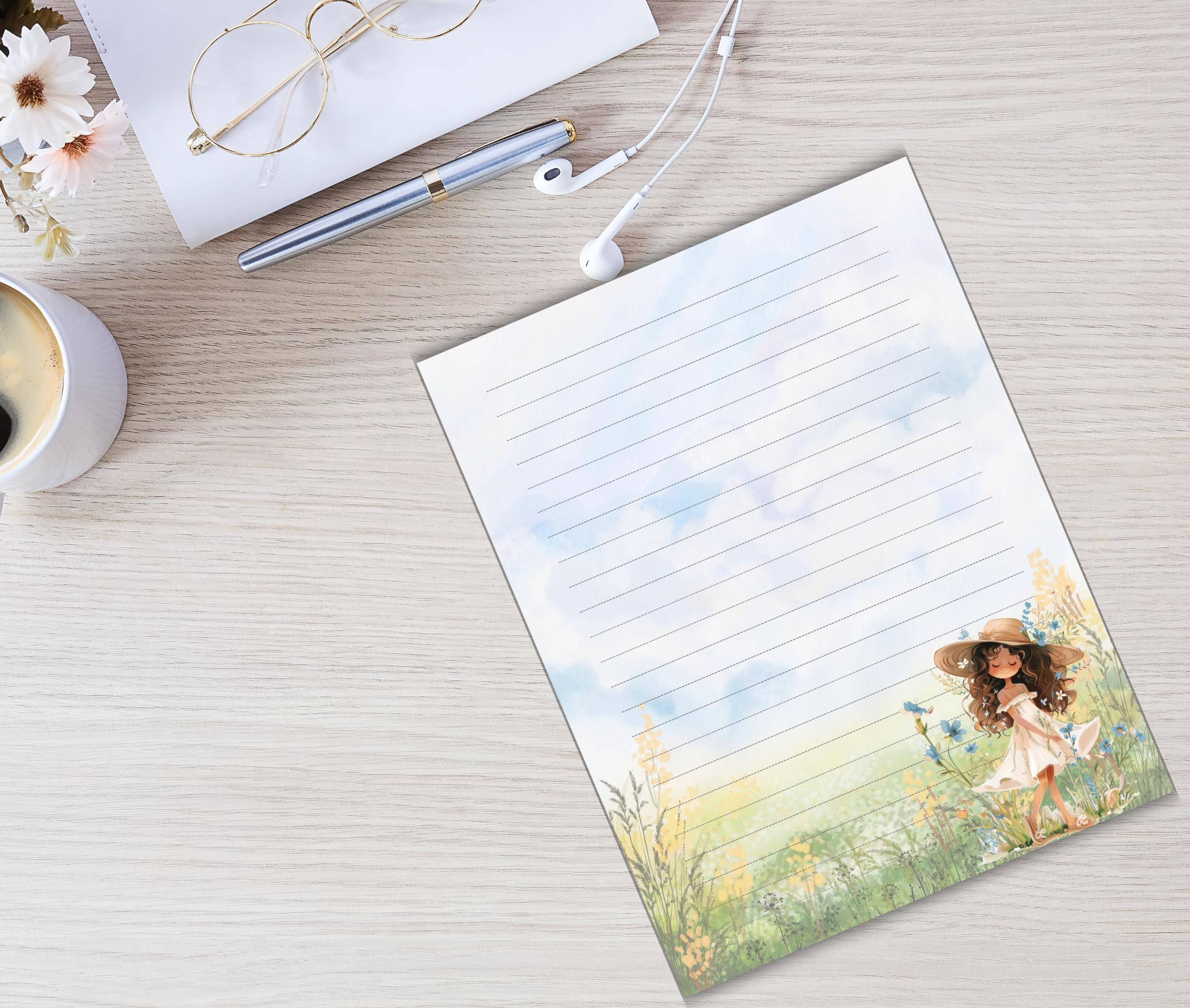 Girl With Flower Printable Stationery-watercolor Summer Writing Paper ...