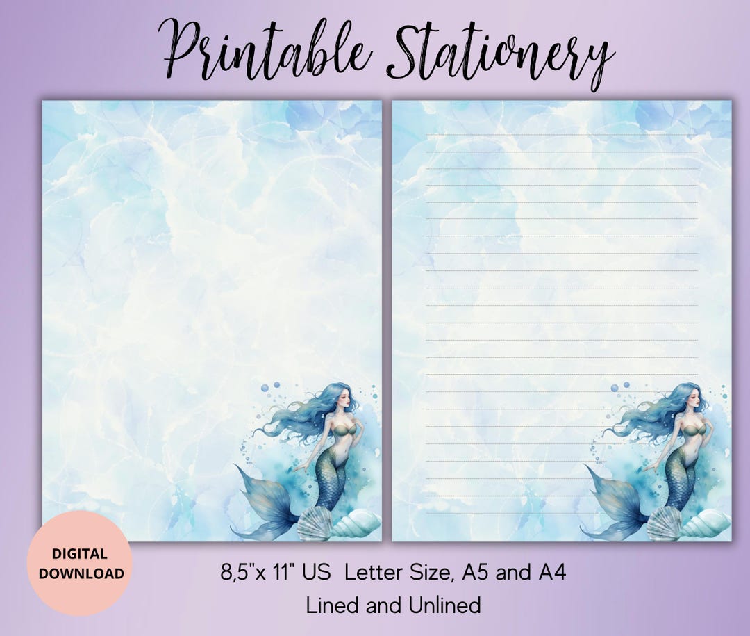 Watercolor Mermaid Printable Stationery-marine Writing Paper Set A4/A5 ...