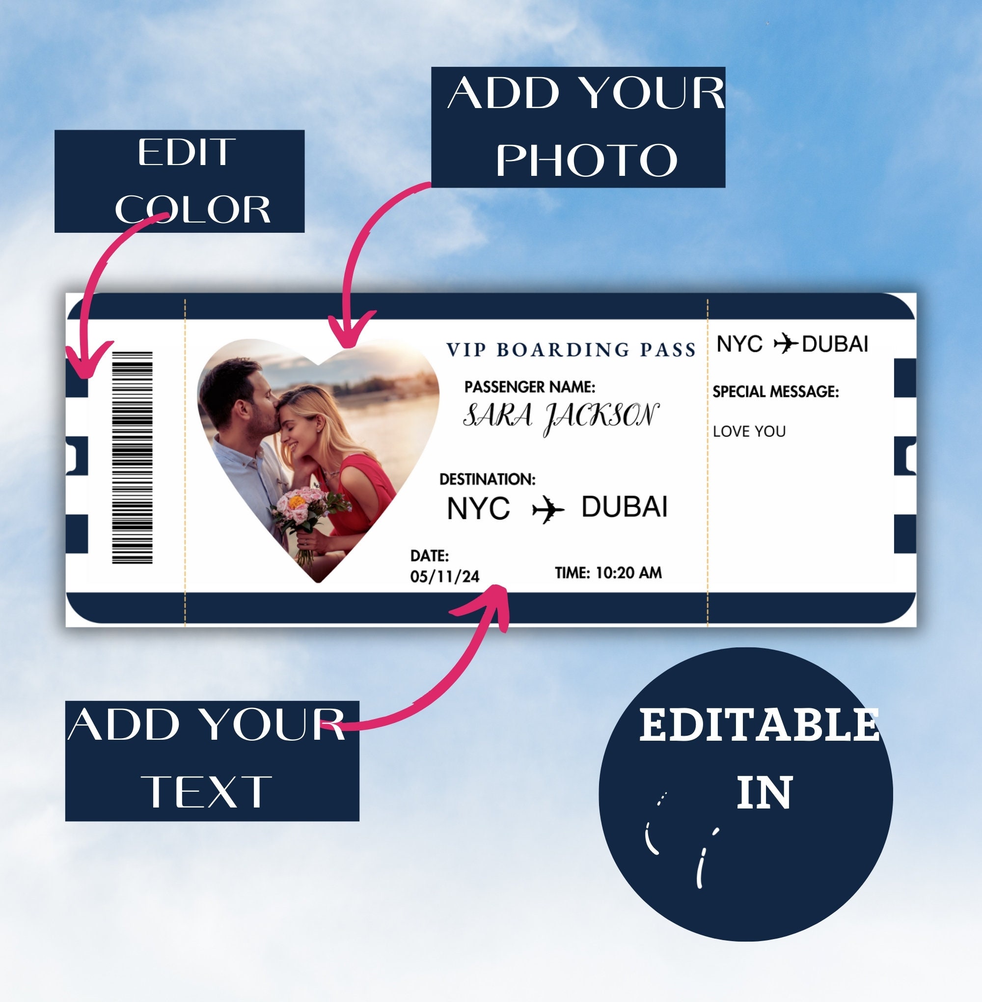 EDITABLE Boarding Pass Ticket Template-boarding Pass Surprise Trip ...