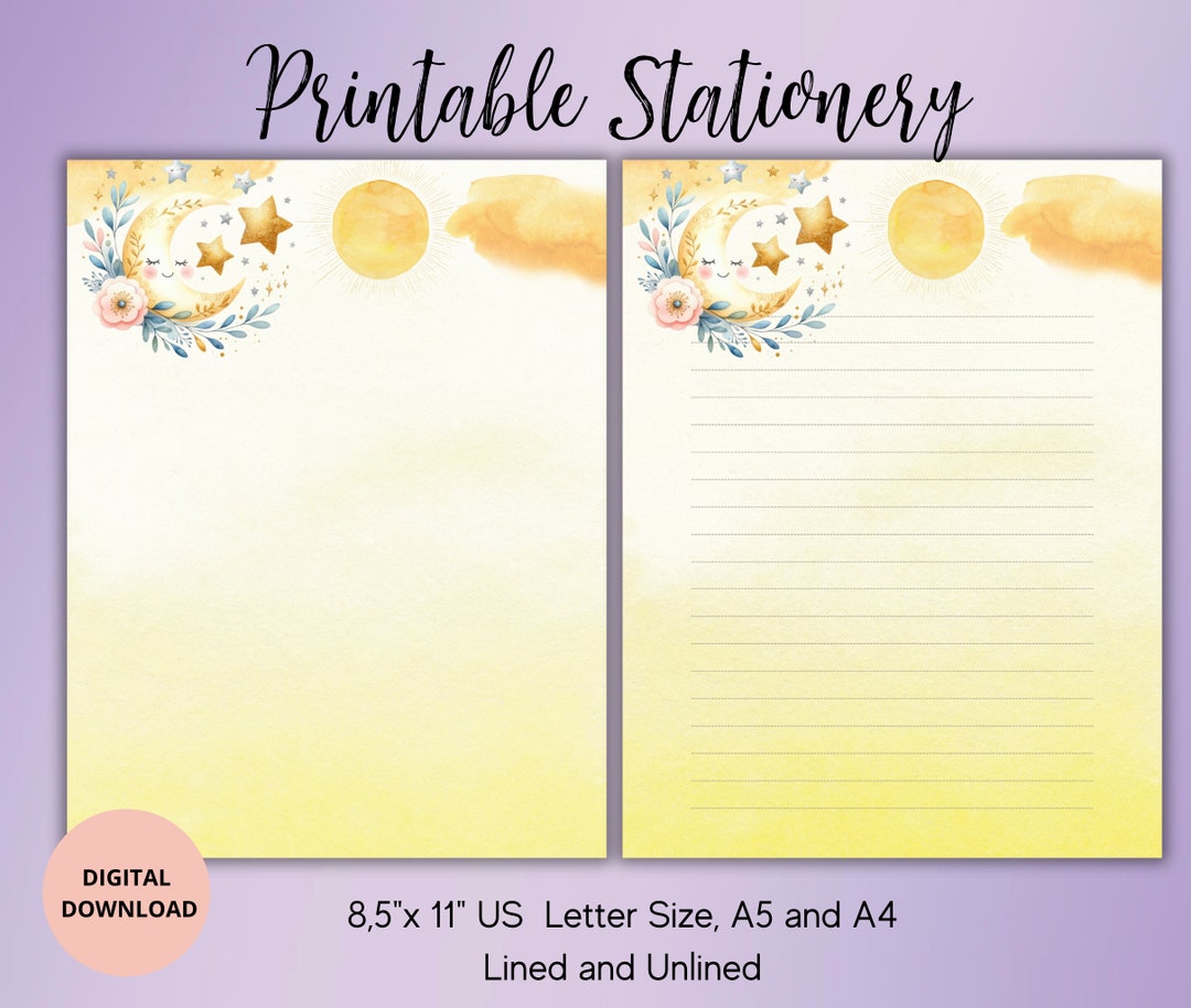 Moon and Sun Printable Stationery-astrology Stationery-watercolor ...