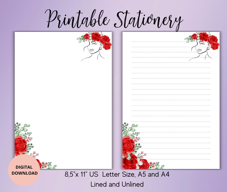 Girl With Flowers Printable Stationery-roses Flower Stationary-floral ...