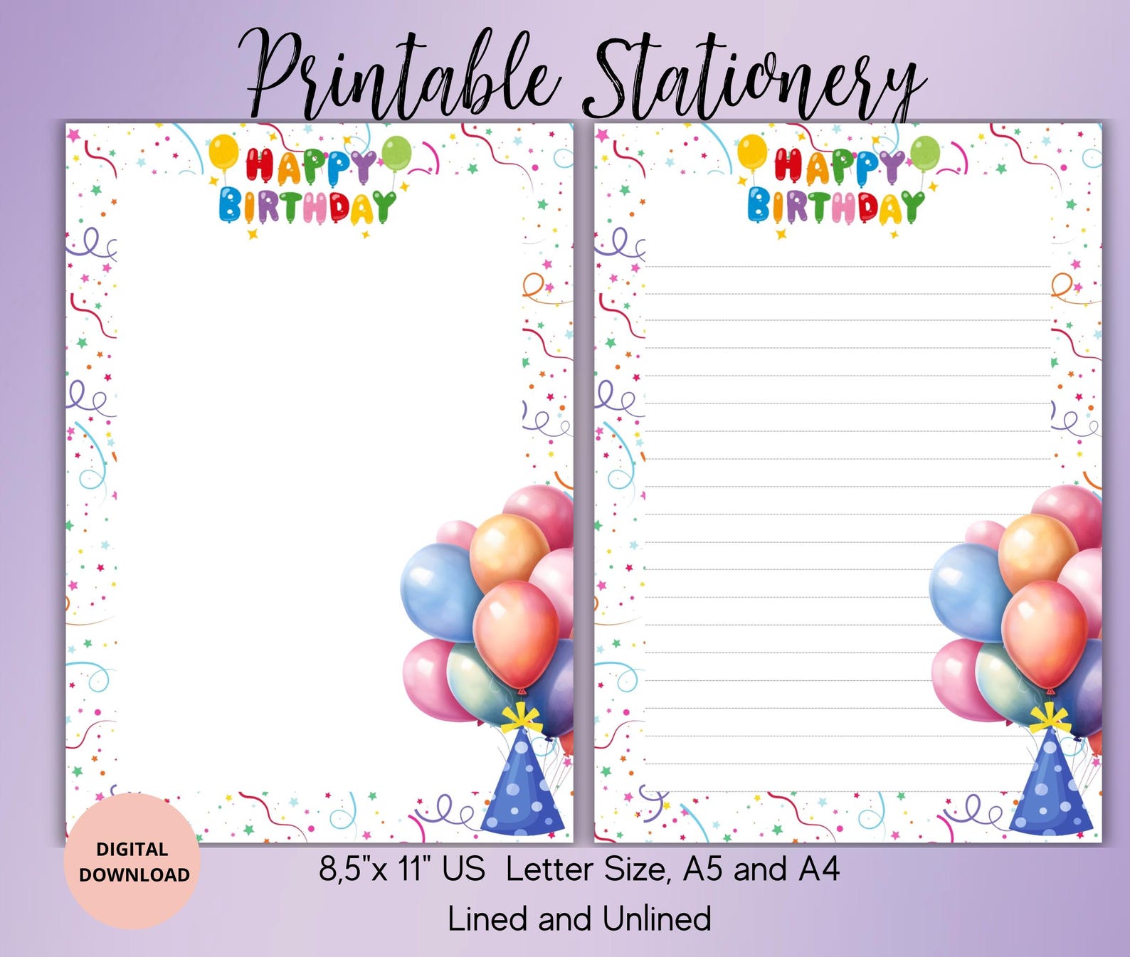Happy Birthday Printable Stationery-birthday Writing Paper Unlined ...