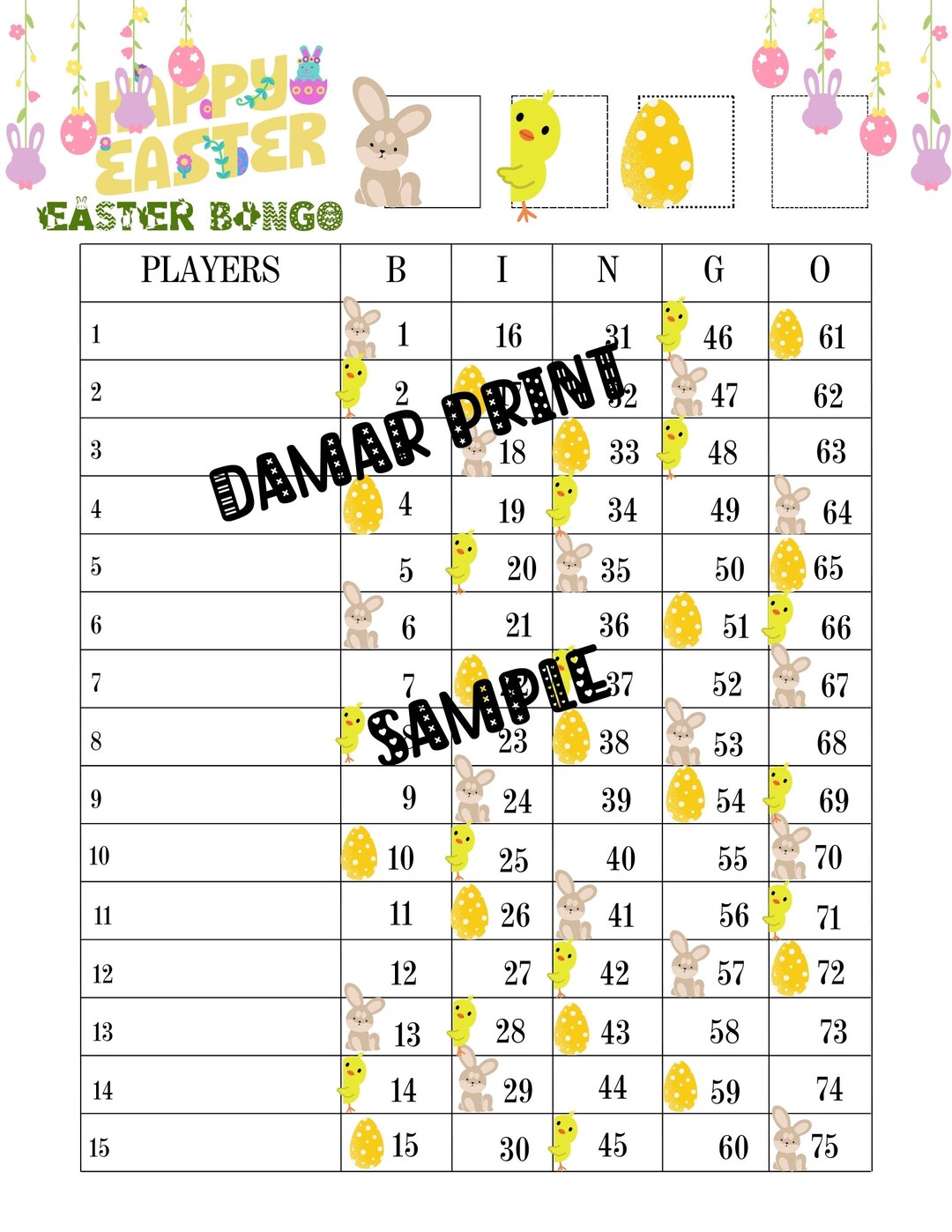 Easter Bingo Boards 75 Ball-1-15 Line Bingo Board 1-75 Balls Straight ...