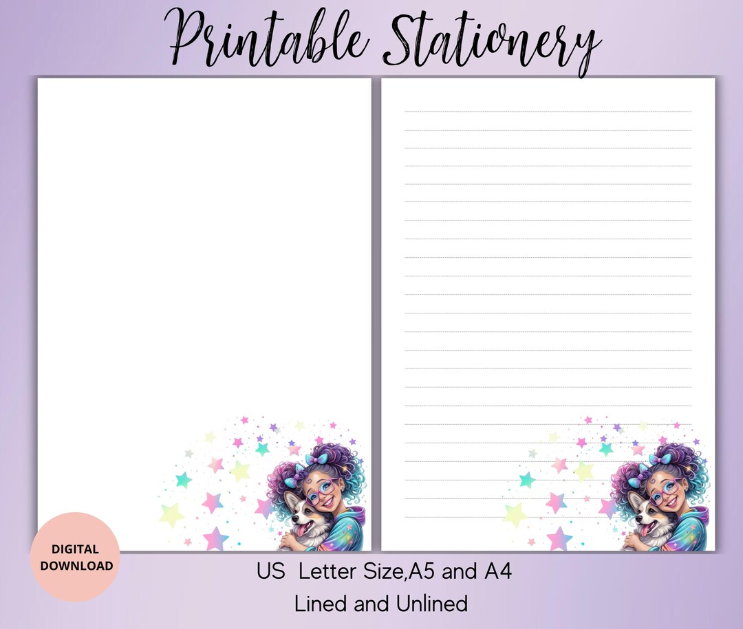 Girl and Dog Printable Stationery-girl Writing Paper Set Lined Unlined ...