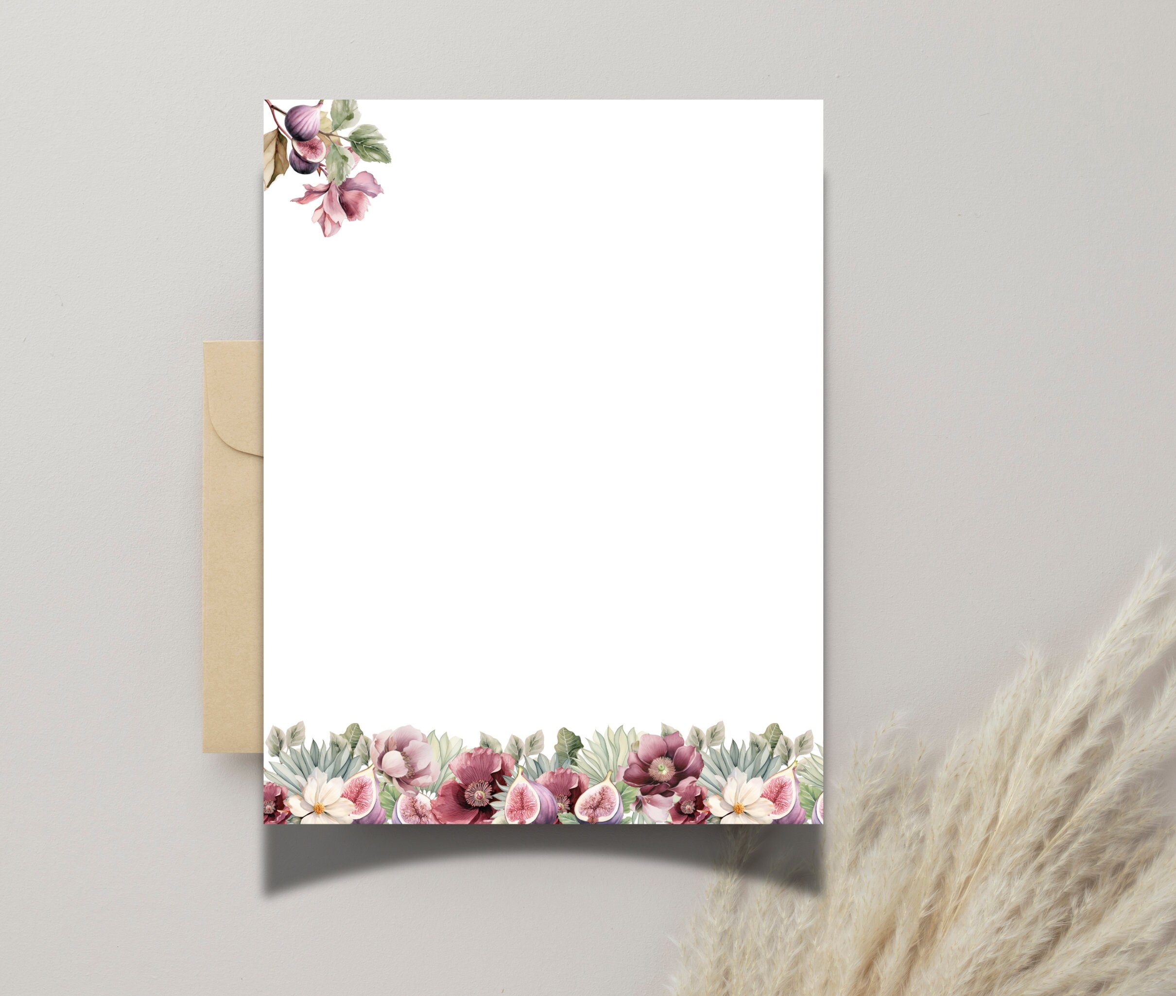 Flowers and Fig Fruit Printable Stationery Sets-floral Writing Paper ...