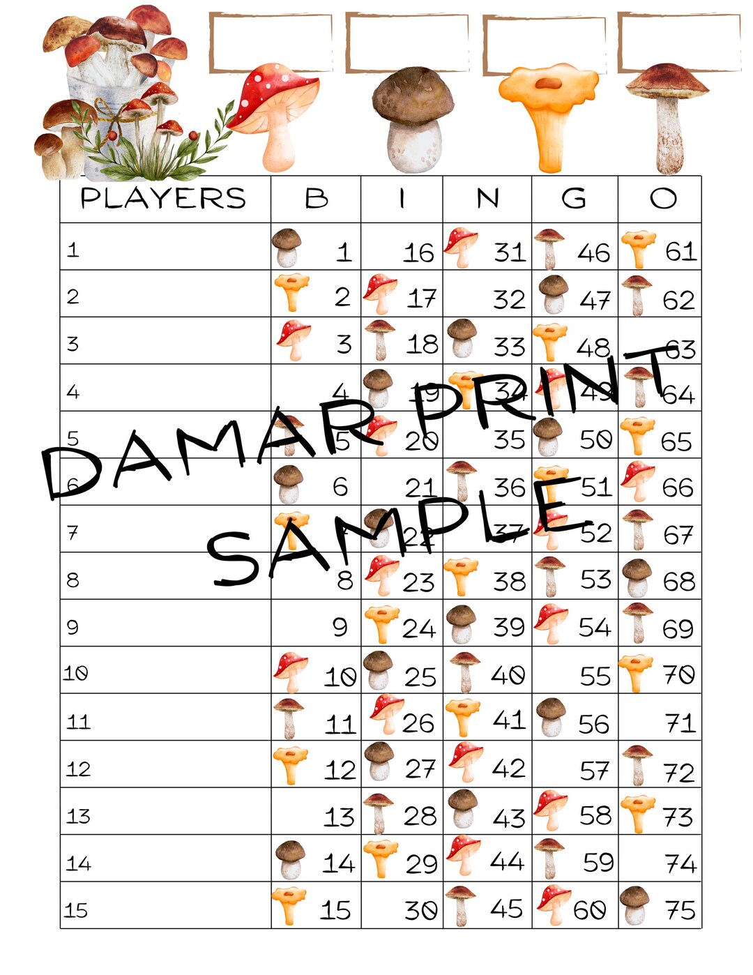 Mushroom Bingo Boards - Instant Download -autumn Printable Bingo Boards ...