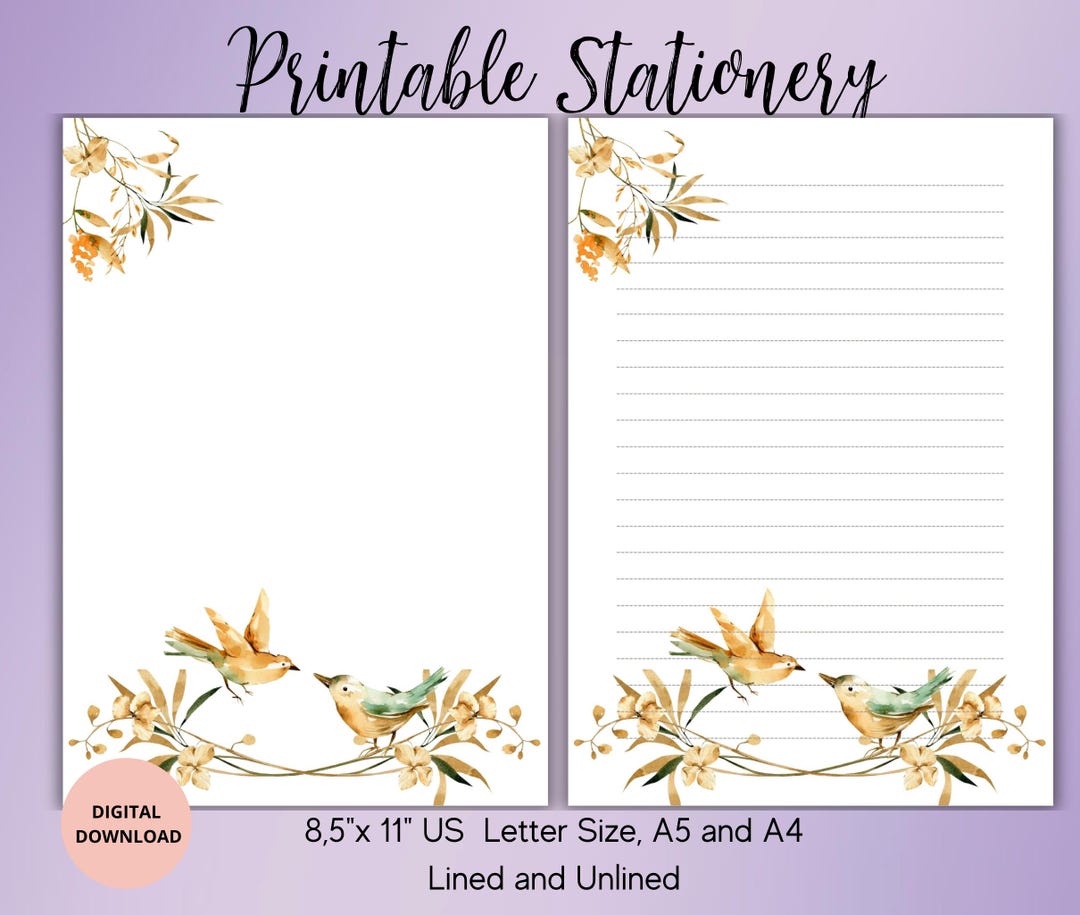 Bird Stationary,floral Stationery,watercolor Flower Writing Letter ...