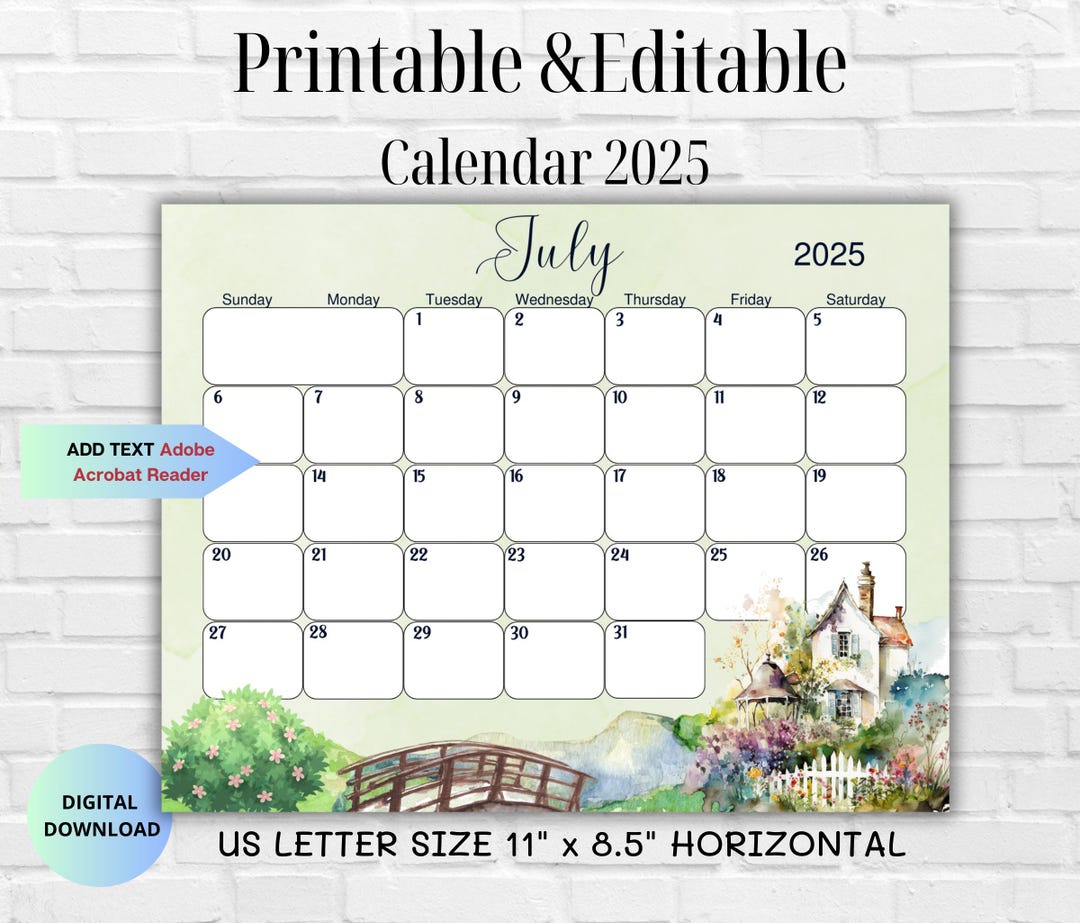 July 2025 EDITABLE Printable Calendar-summer Landscape - Printable ...