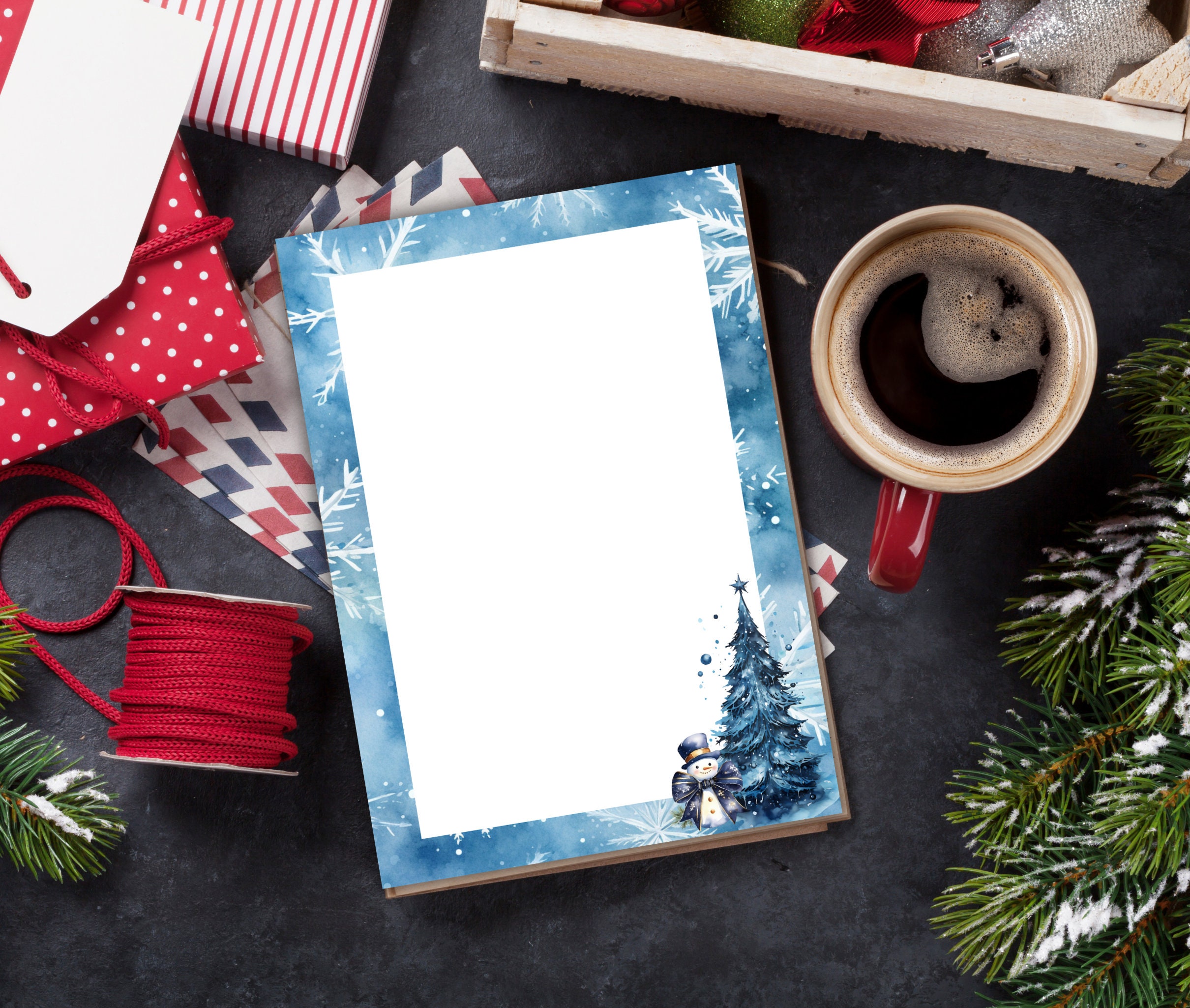 Blue Winter Printable Stationery-christmas Tree Snowman Writing Paper ...